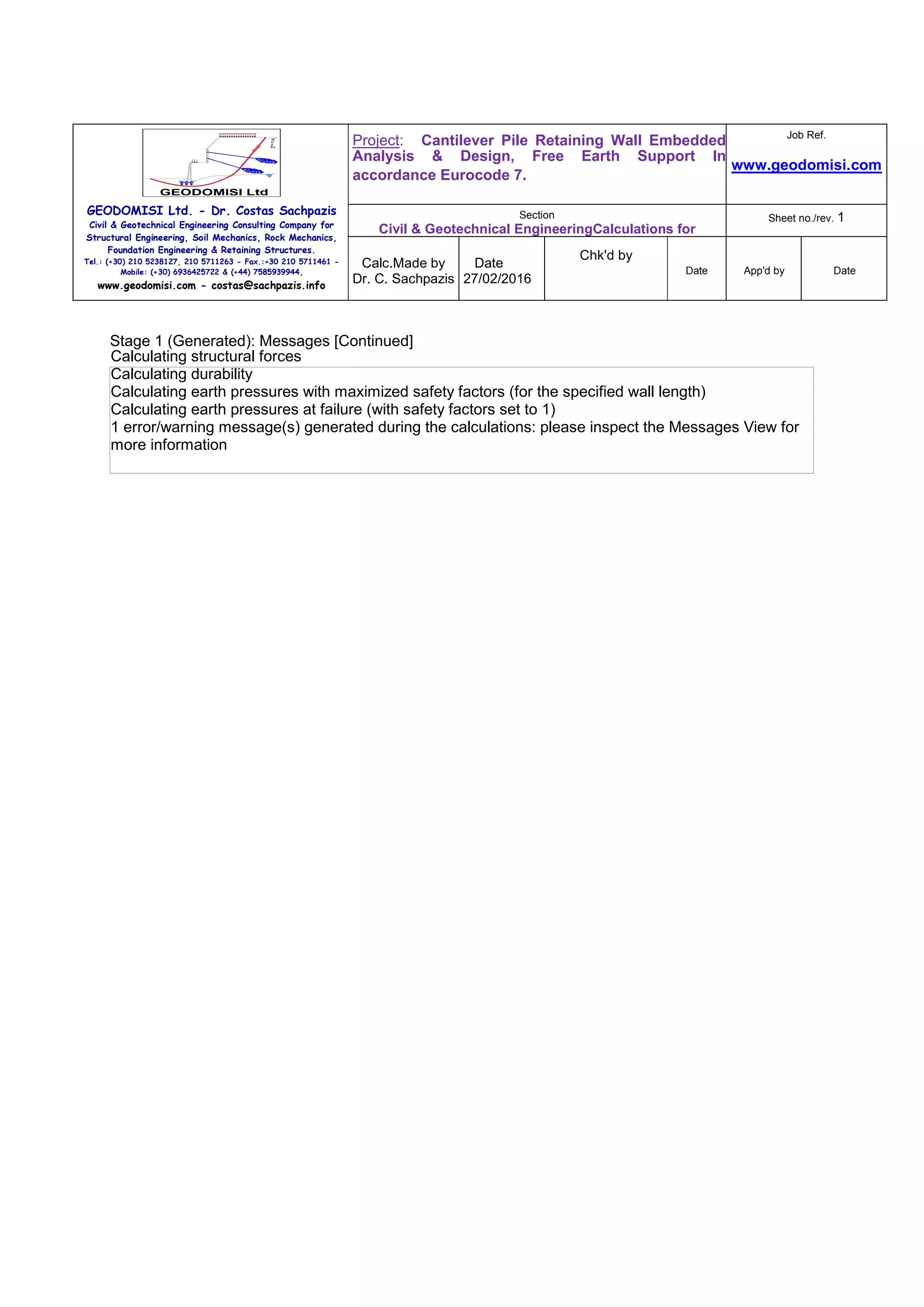 Sachpazis Cantilever Pile Retaining Wall Embedded, In accordance ...