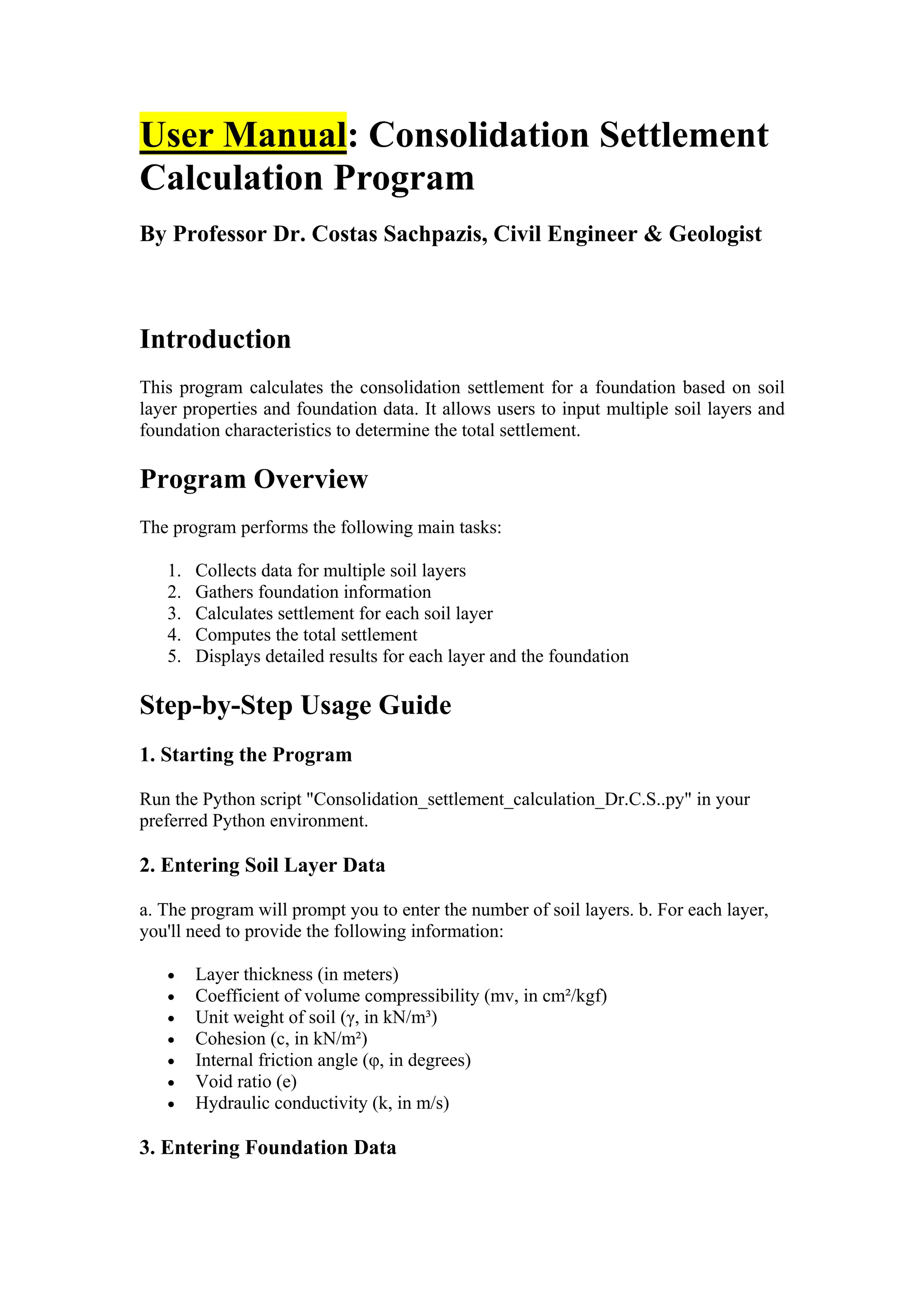 Sachpazis_Consolidation Settlement Calculation Program-The Python Code and the User Manual | PDF