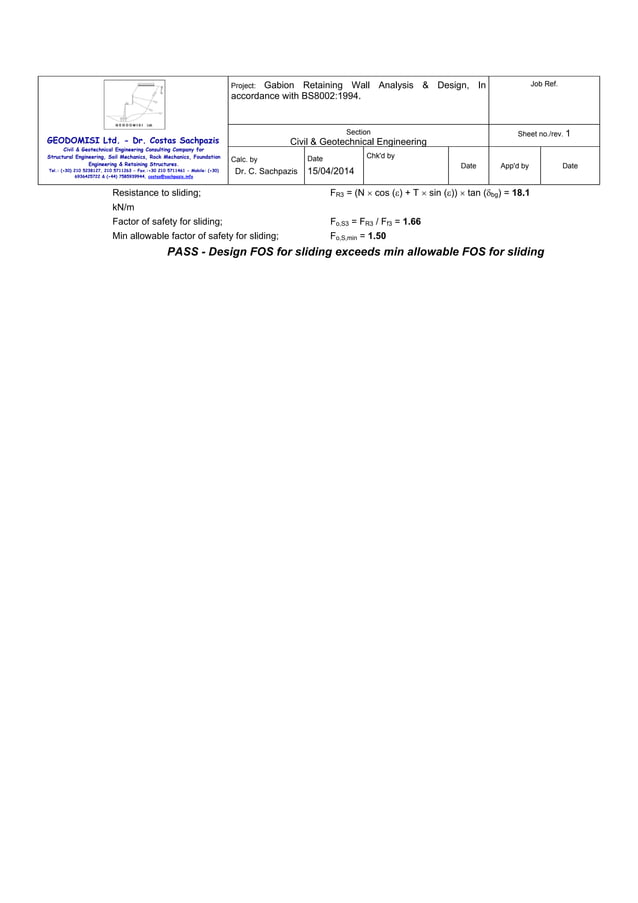 Sachpazis gabion retaining wall analysis & design bs8002-1994 | PDF ...
