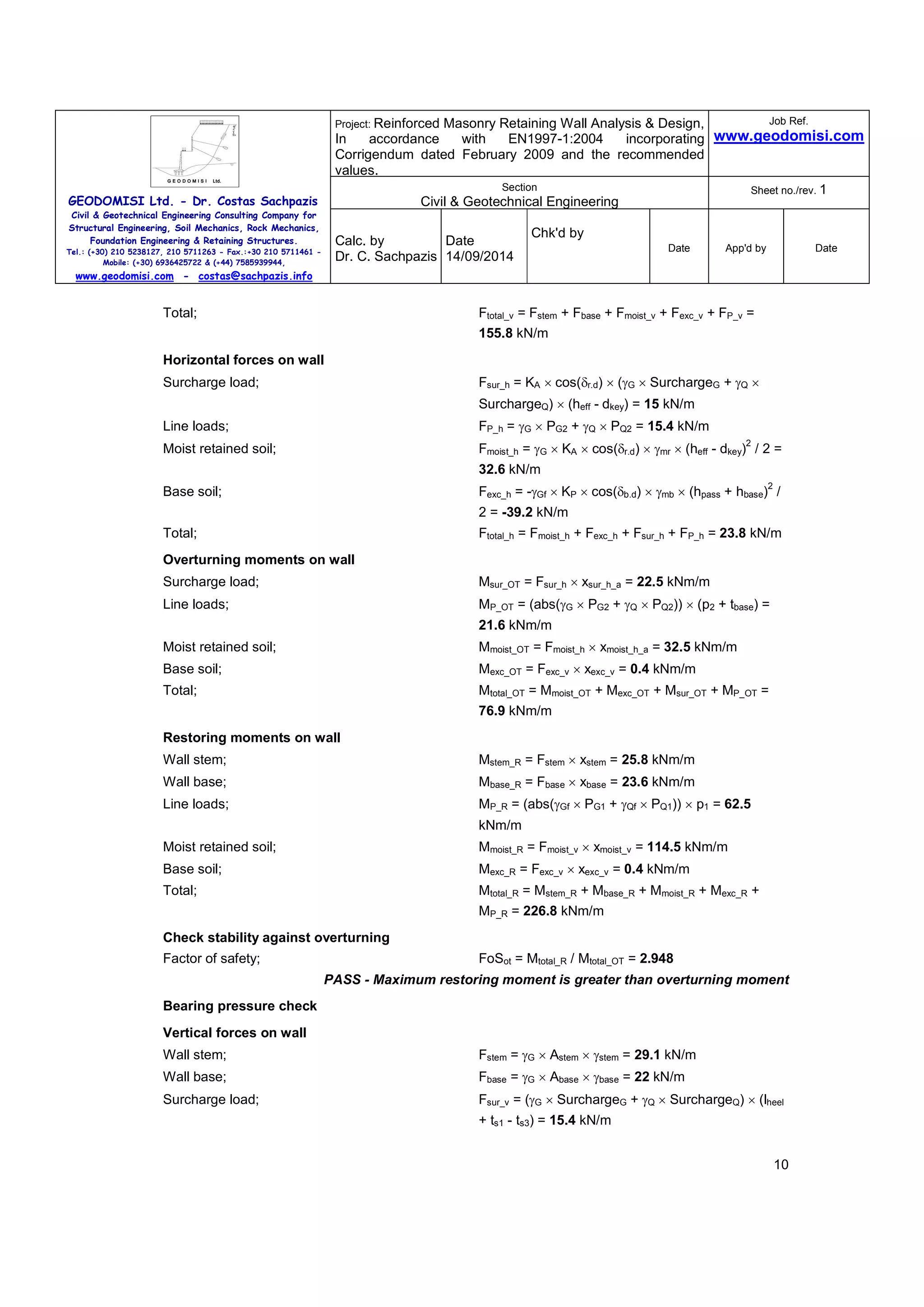 Sachpazis reinforced masonry retaining wall analysis & design, in accordance with en1997 12004 | PDF
