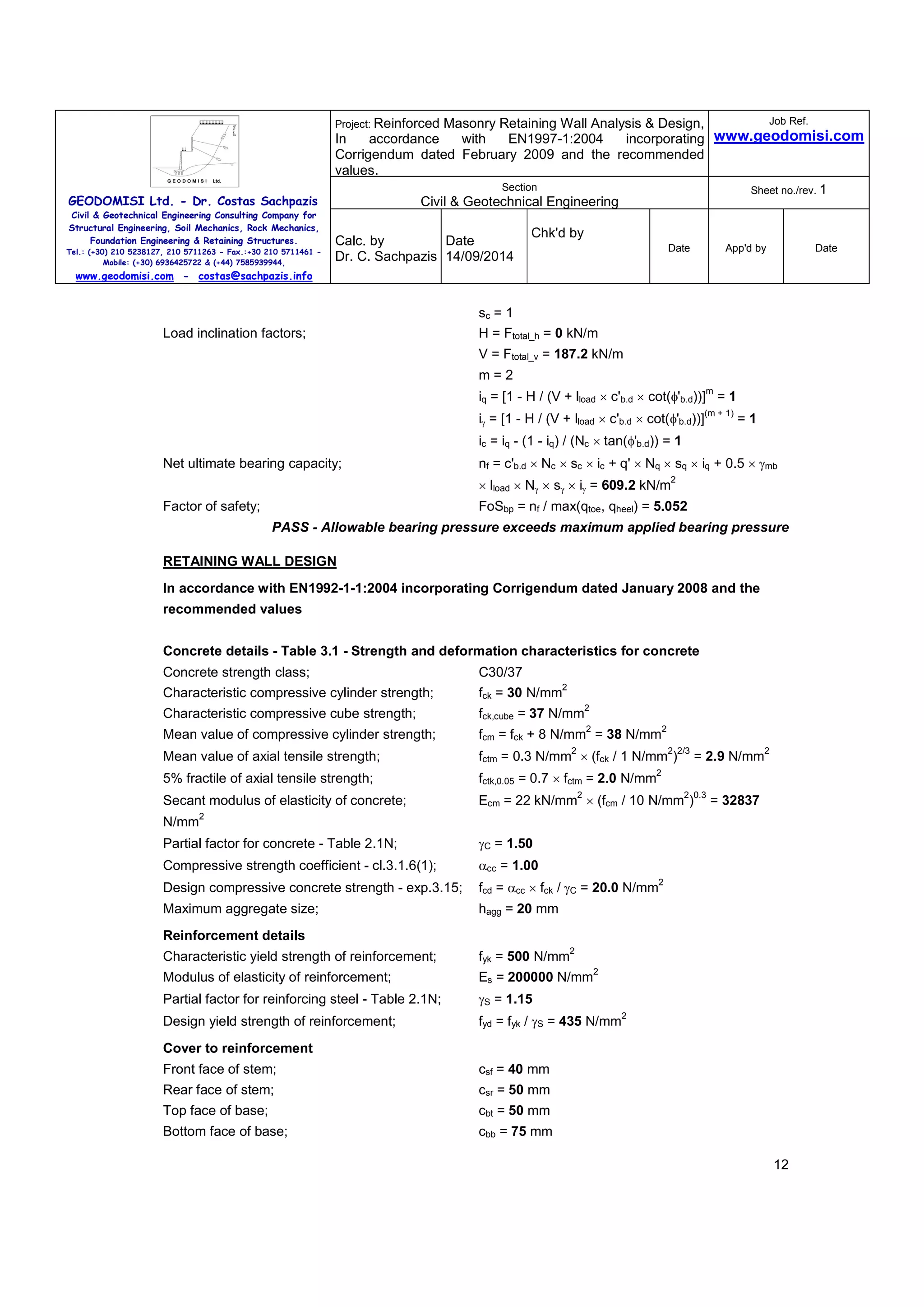 Sachpazis reinforced masonry retaining wall analysis & design, in accordance with en1997 12004 | PDF