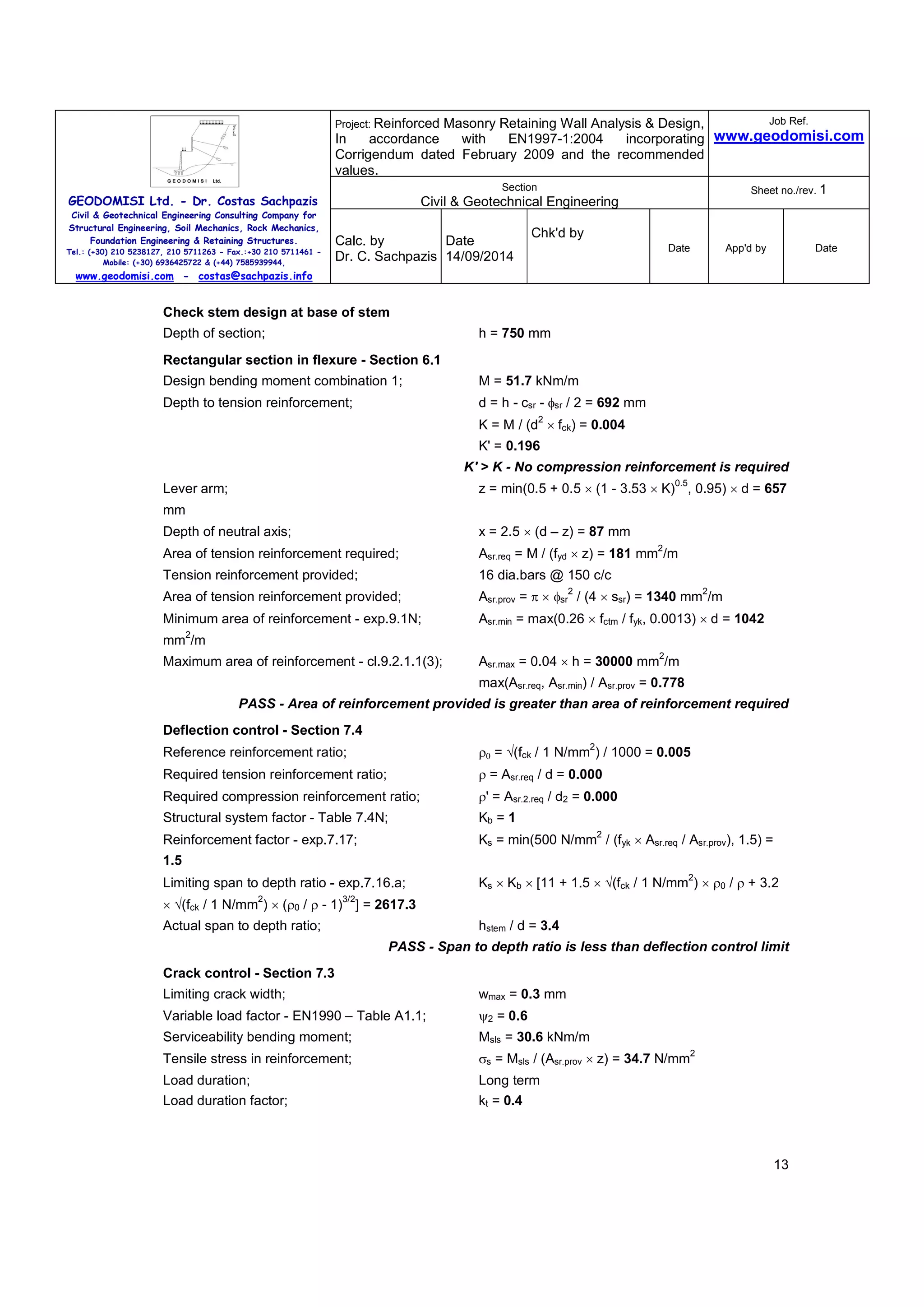 Sachpazis reinforced masonry retaining wall analysis & design, in ...