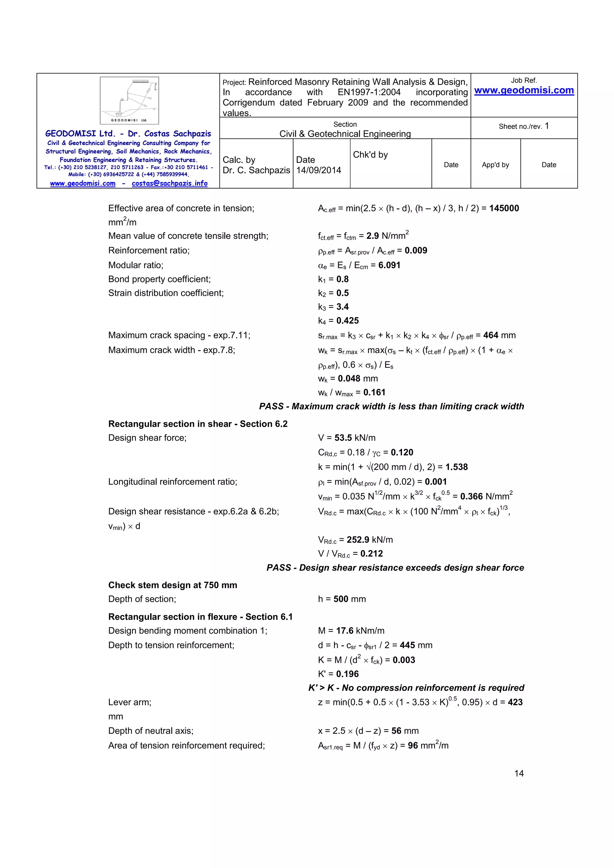 Sachpazis reinforced masonry retaining wall analysis & design, in accordance with en1997 12004 | PDF