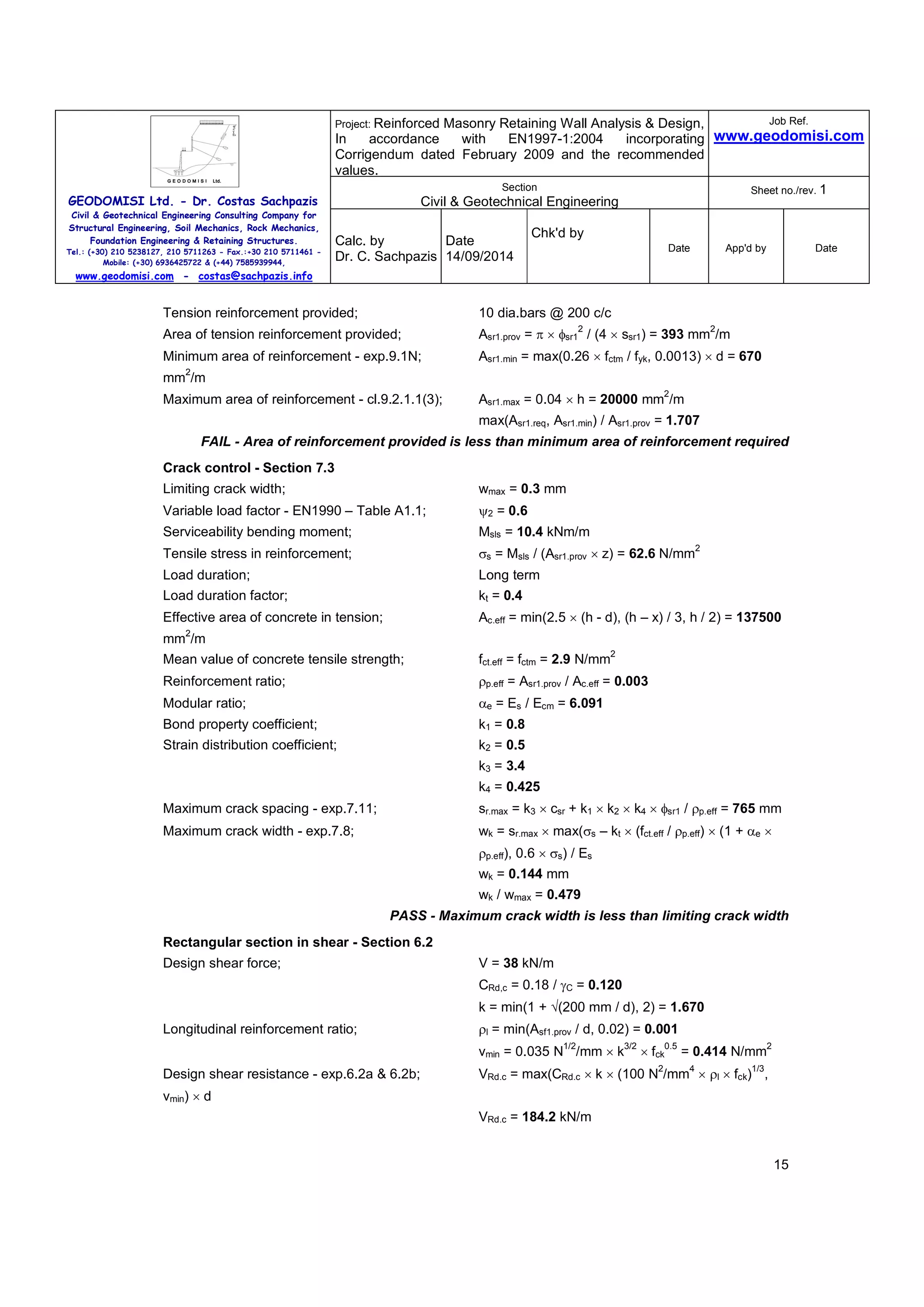 Sachpazis reinforced masonry retaining wall analysis & design, in accordance with en1997 12004 | PDF