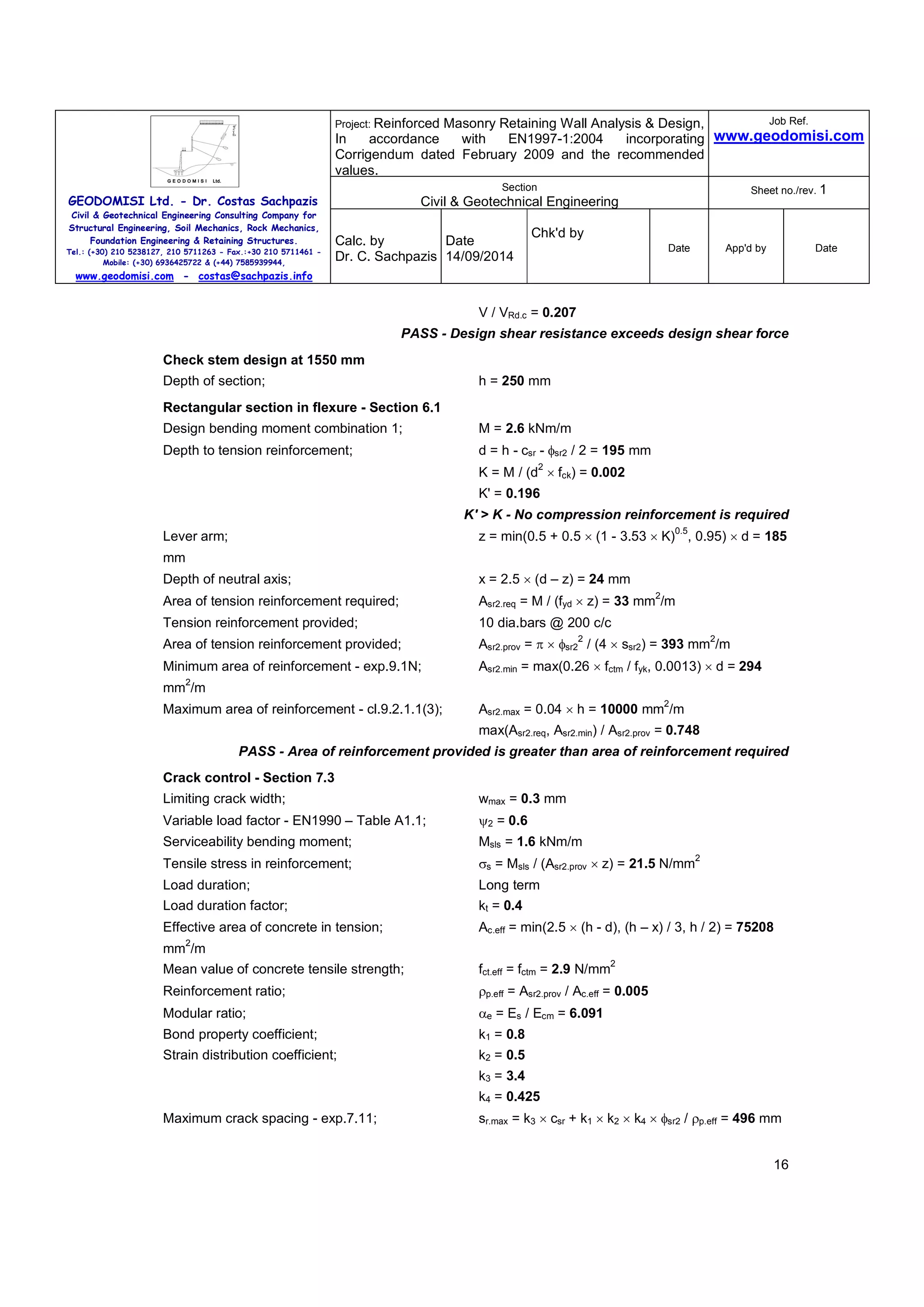 Sachpazis reinforced masonry retaining wall analysis & design, in accordance with en1997 12004 | PDF