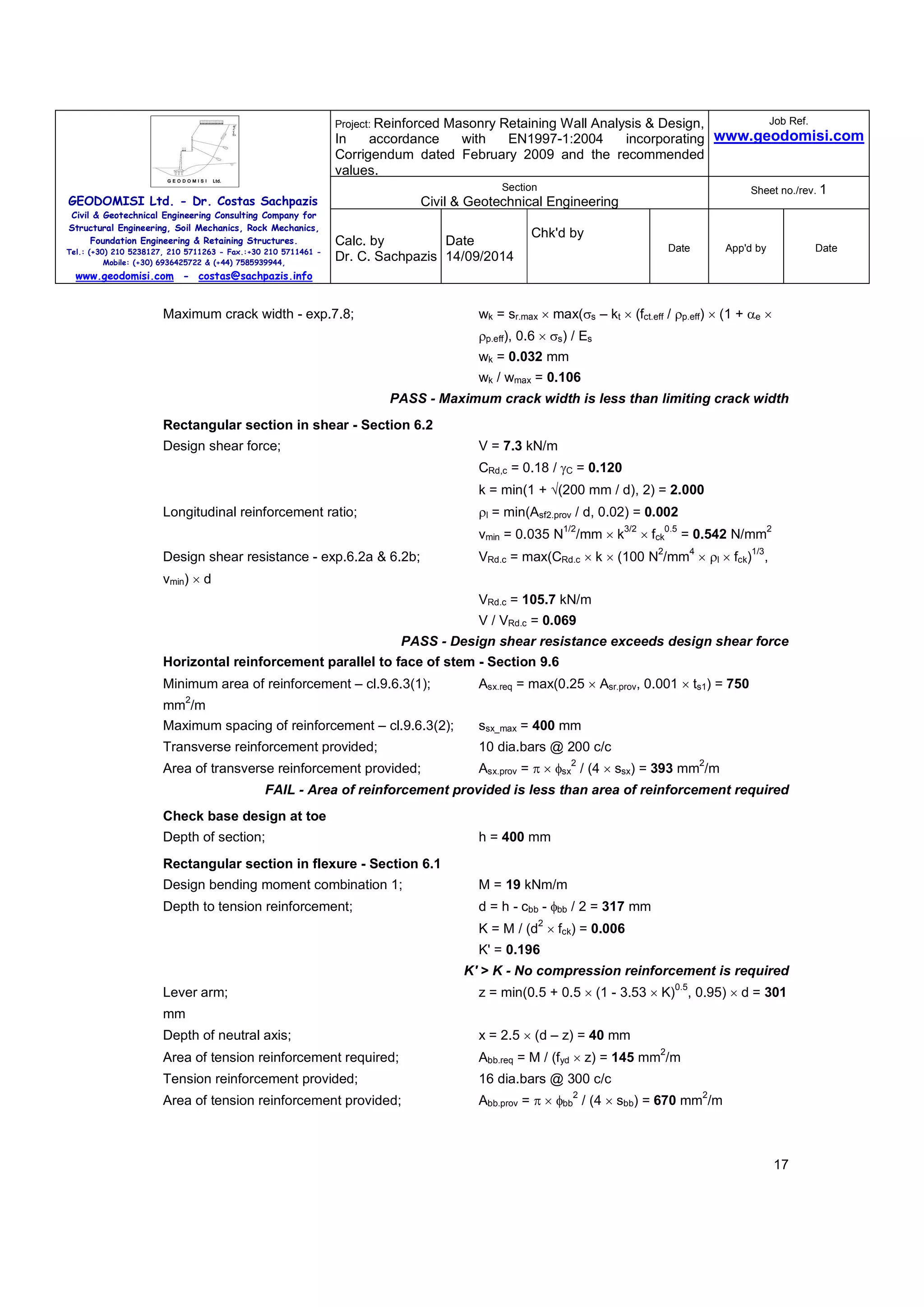 Sachpazis reinforced masonry retaining wall analysis & design, in accordance with en1997 12004 | PDF