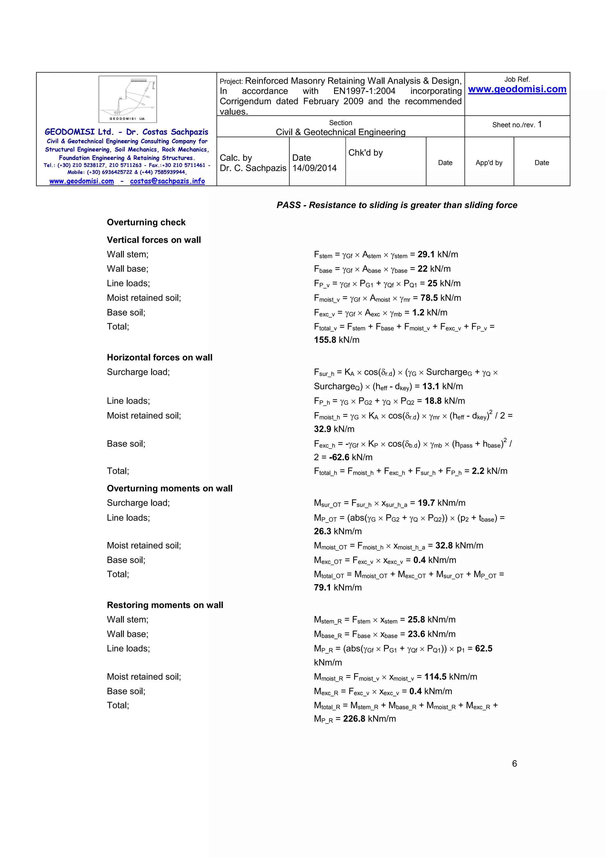 Sachpazis reinforced masonry retaining wall analysis & design, in accordance with en1997 12004 | PDF