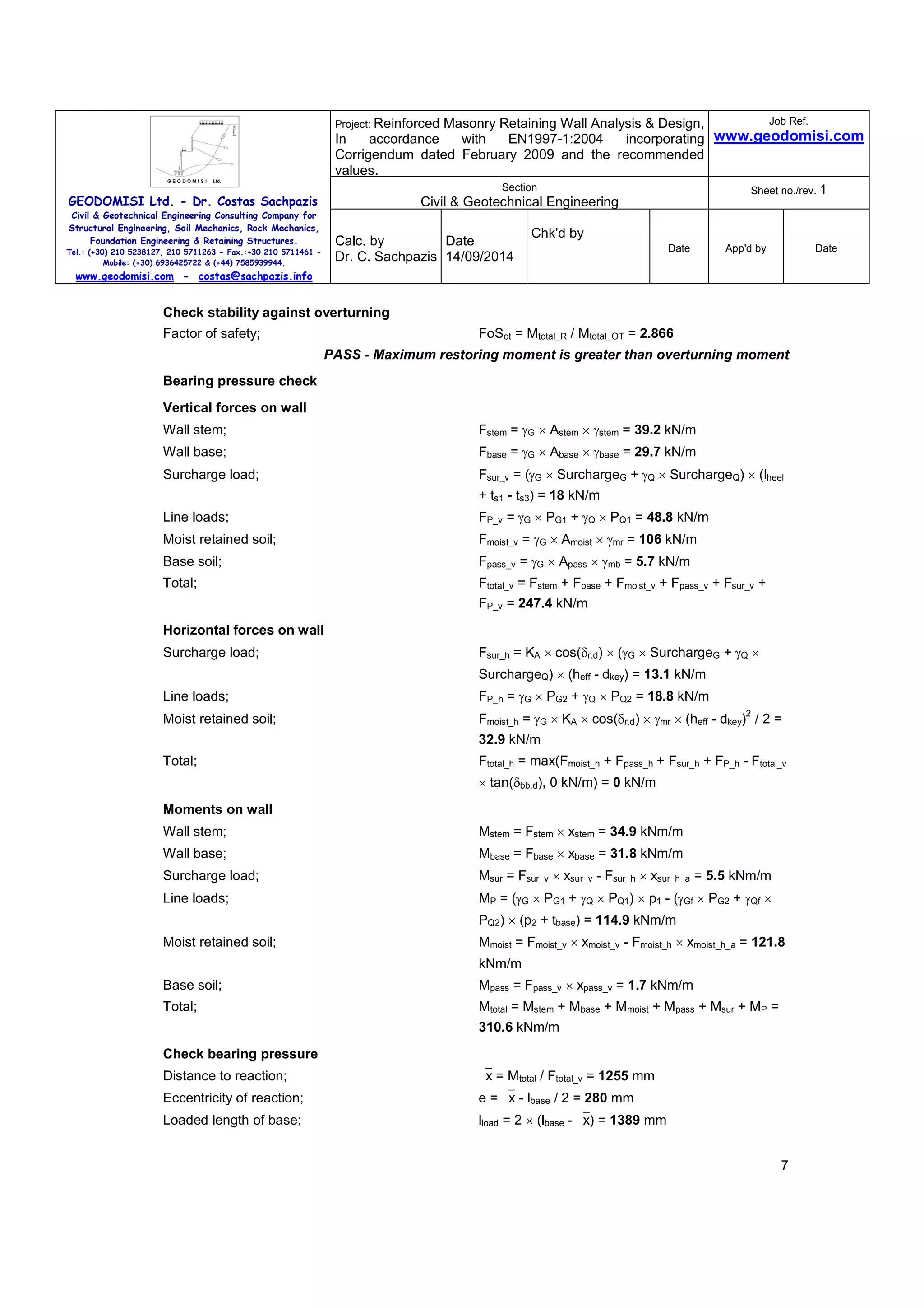Sachpazis reinforced masonry retaining wall analysis & design, in ...