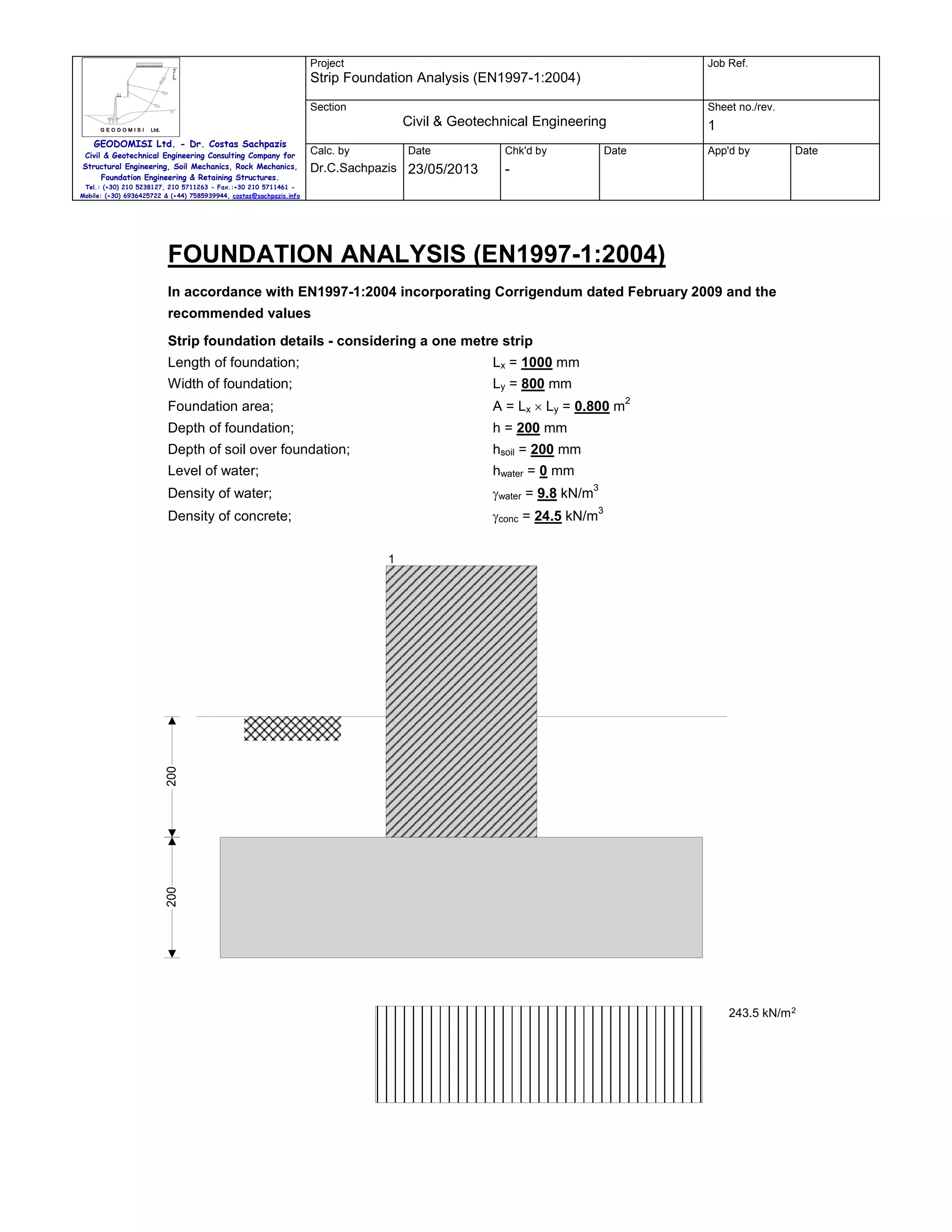 Sachpazis: Strip Foundation Analysis and Design example (EN1997-1:2004 ...