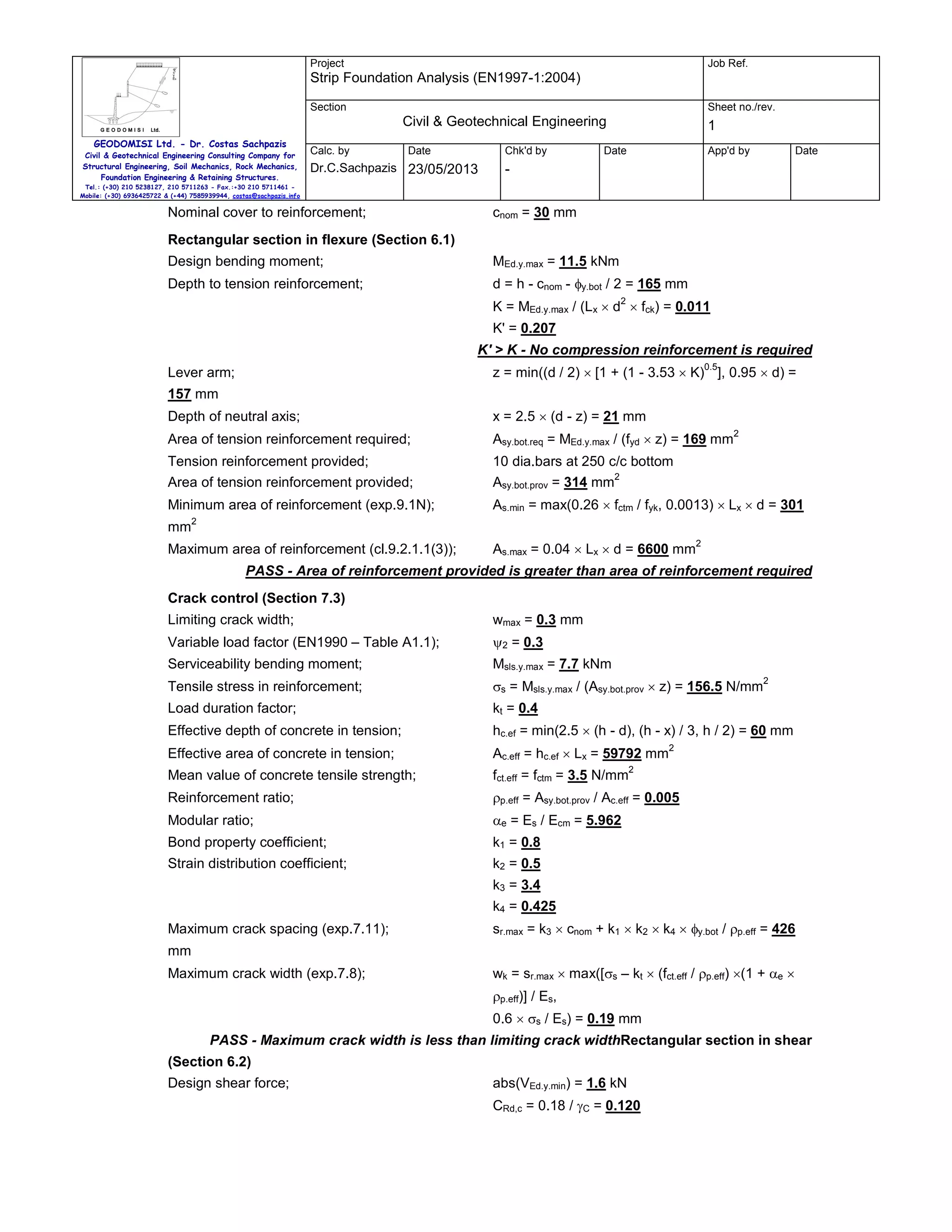 Sachpazis: Strip Foundation Analysis and Design example (EN1997-1:2004 ...