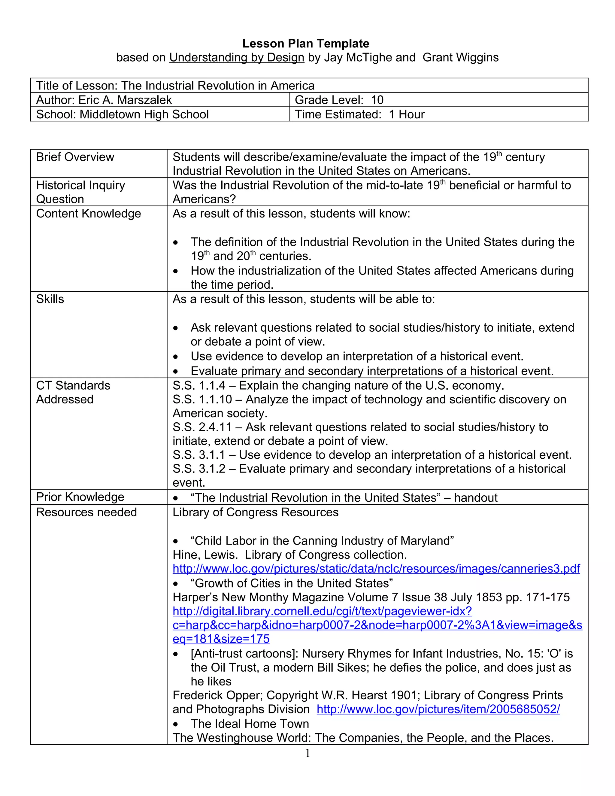 Sac lesson plan industrial revolution | DOC