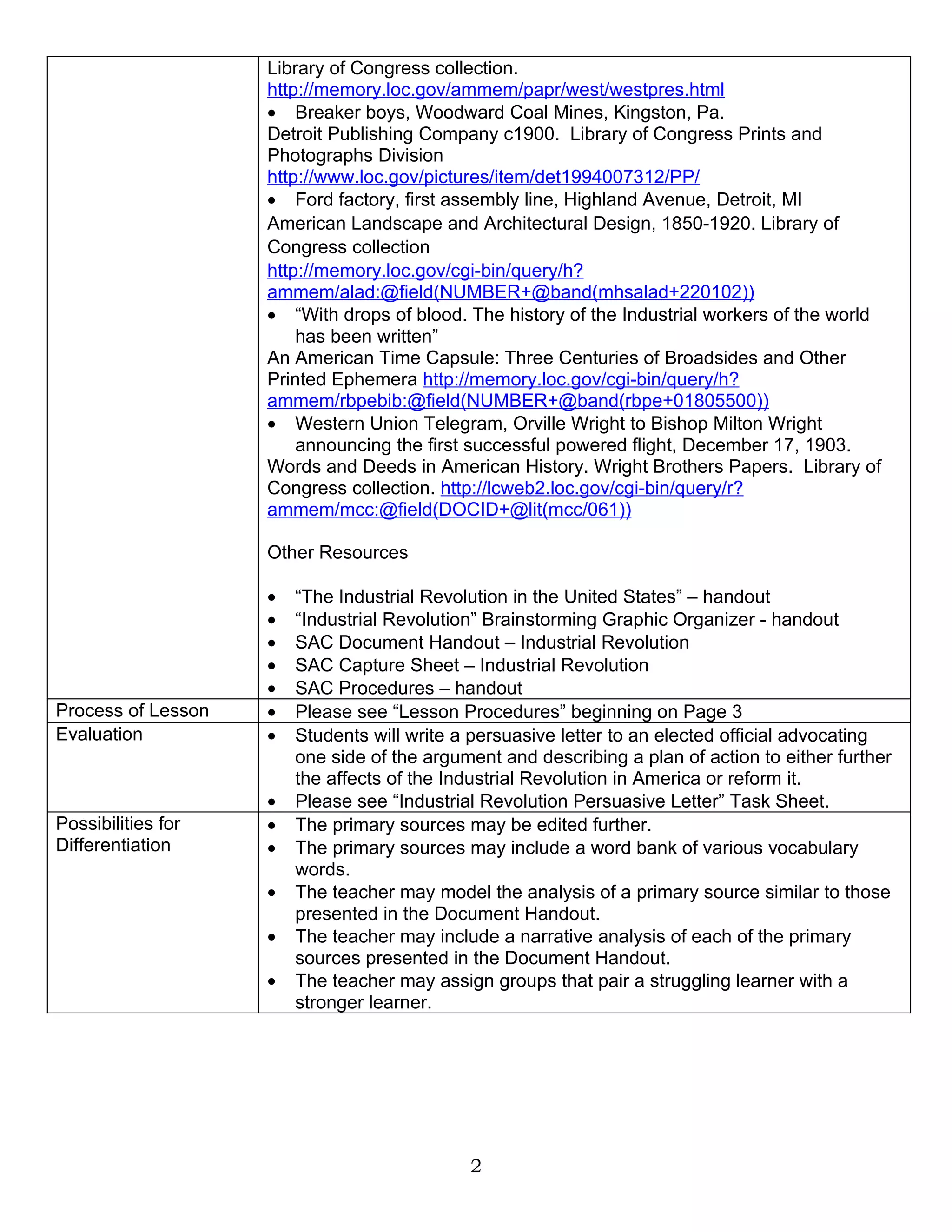 Sac lesson plan industrial revolution | PDF