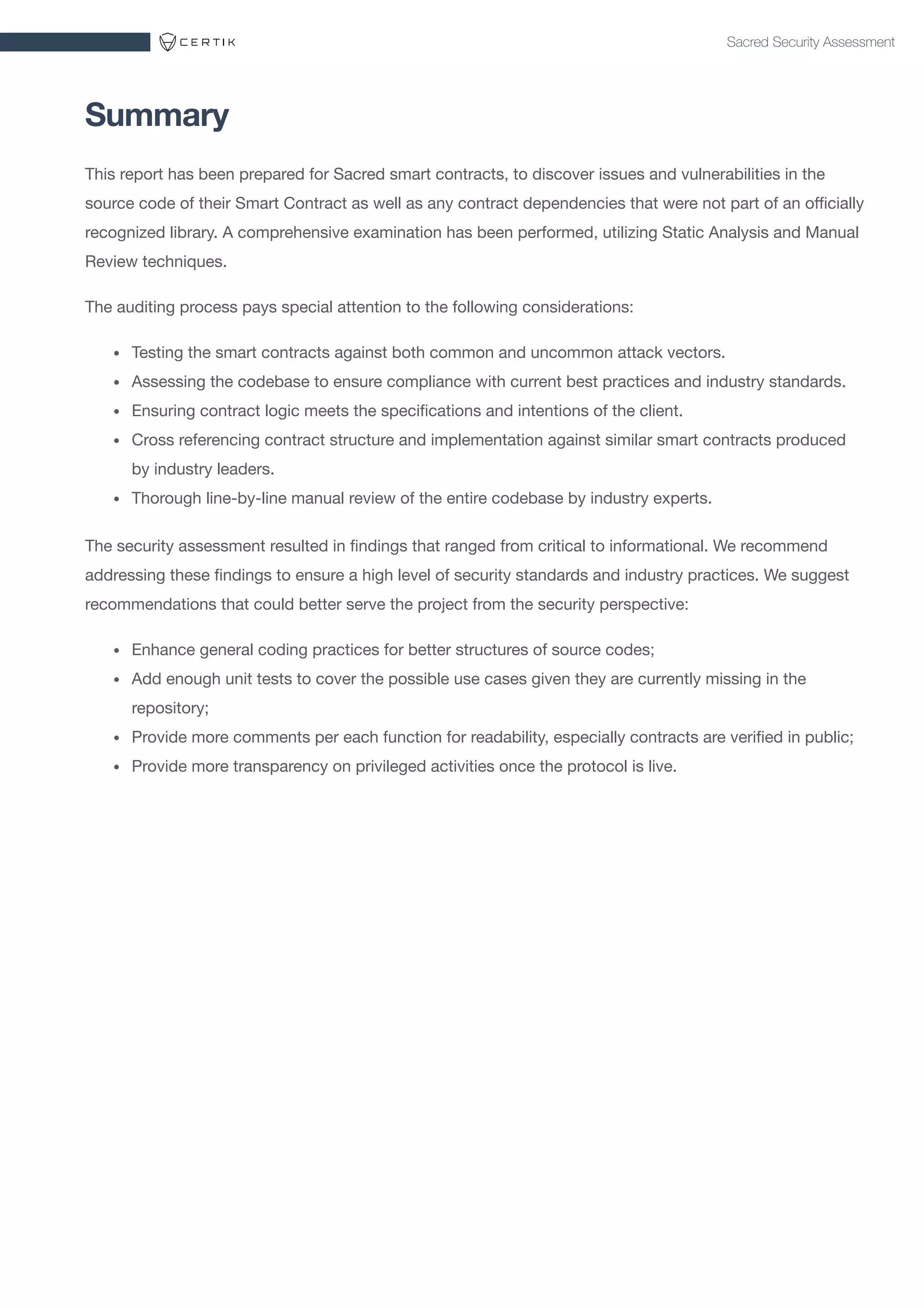 Sacred CertiK security assessment for Sacred | PDF