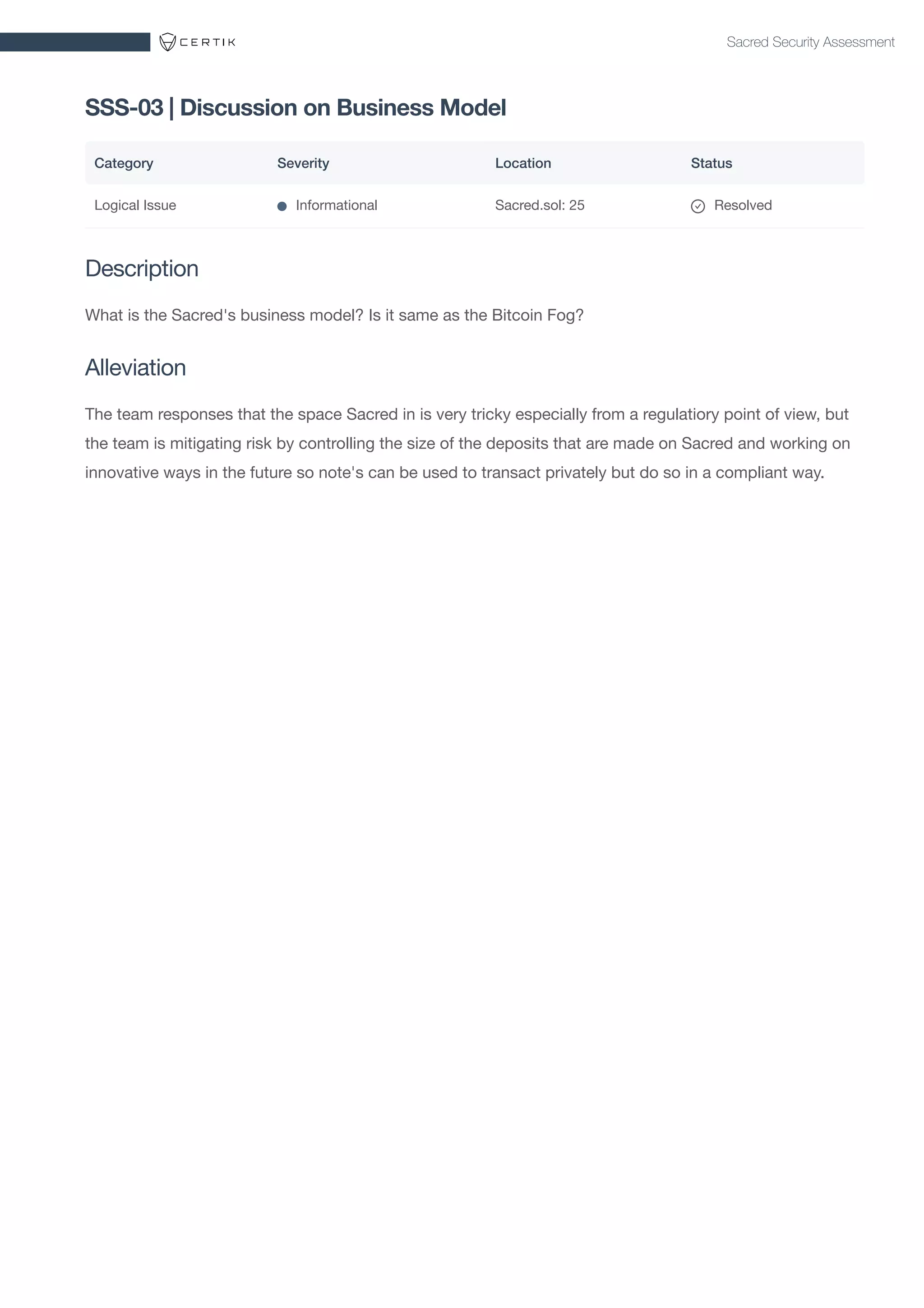 Sacred CertiK Security Assessment | PDF