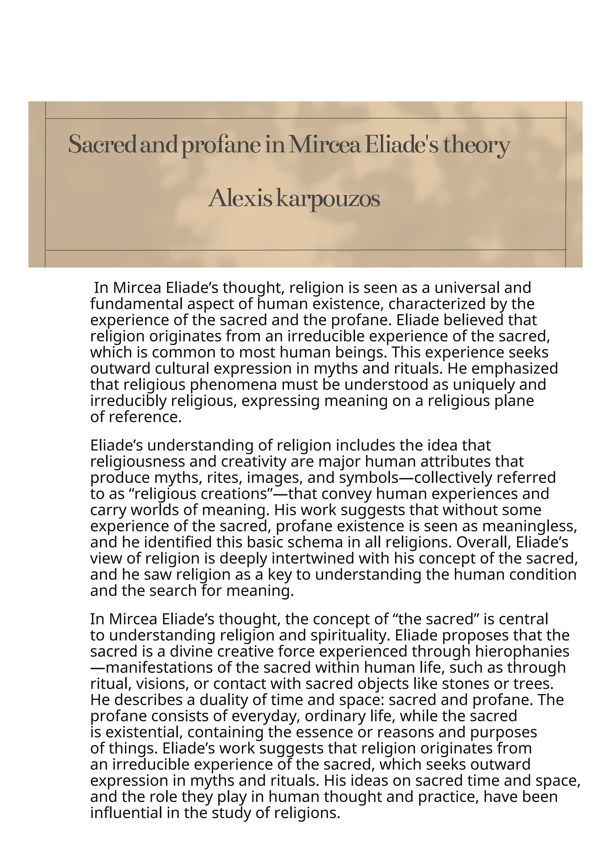 Sacred and profane in Mircea Eliade's theory - Alexis karpouzos | PDF