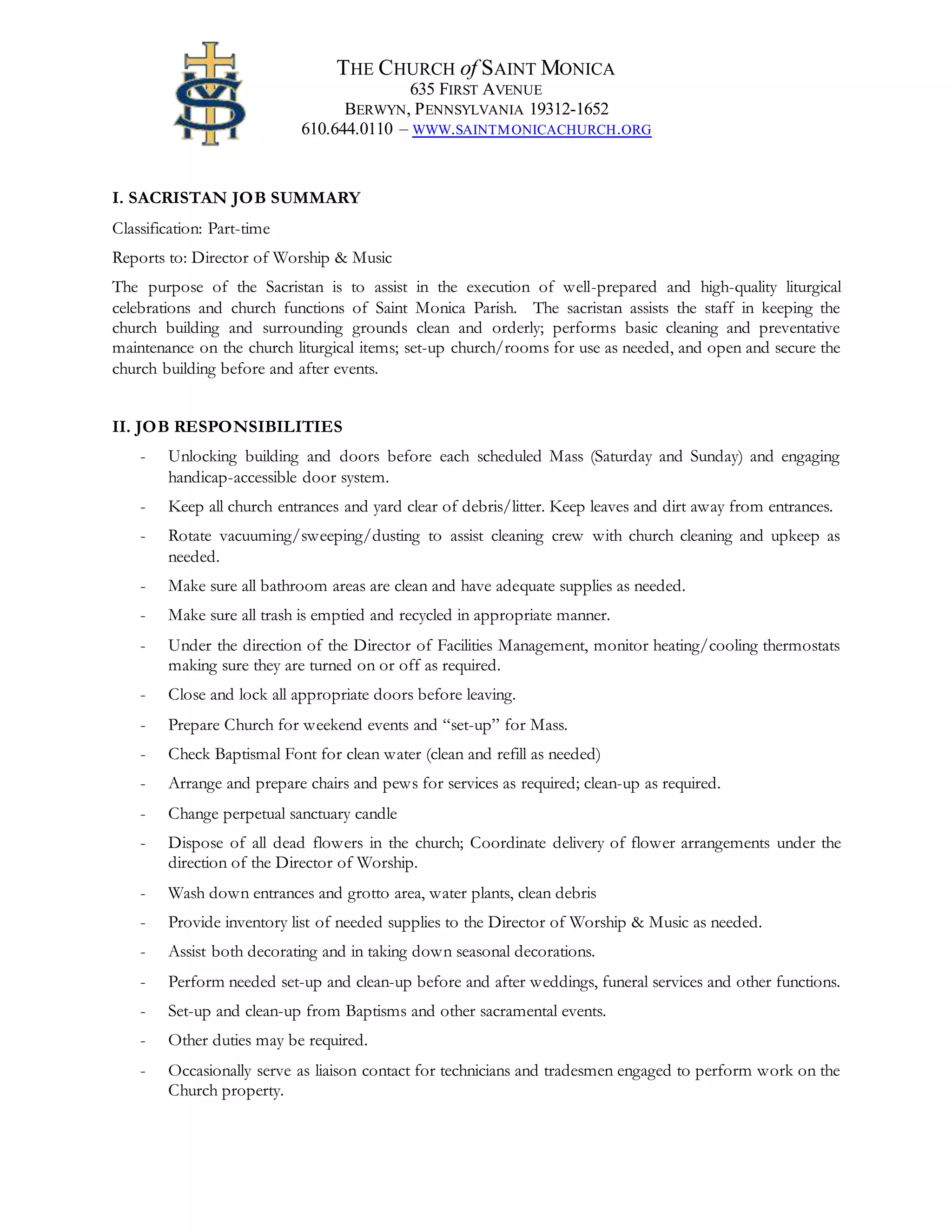 St. Monica: Sacristan Job Description | DOCX