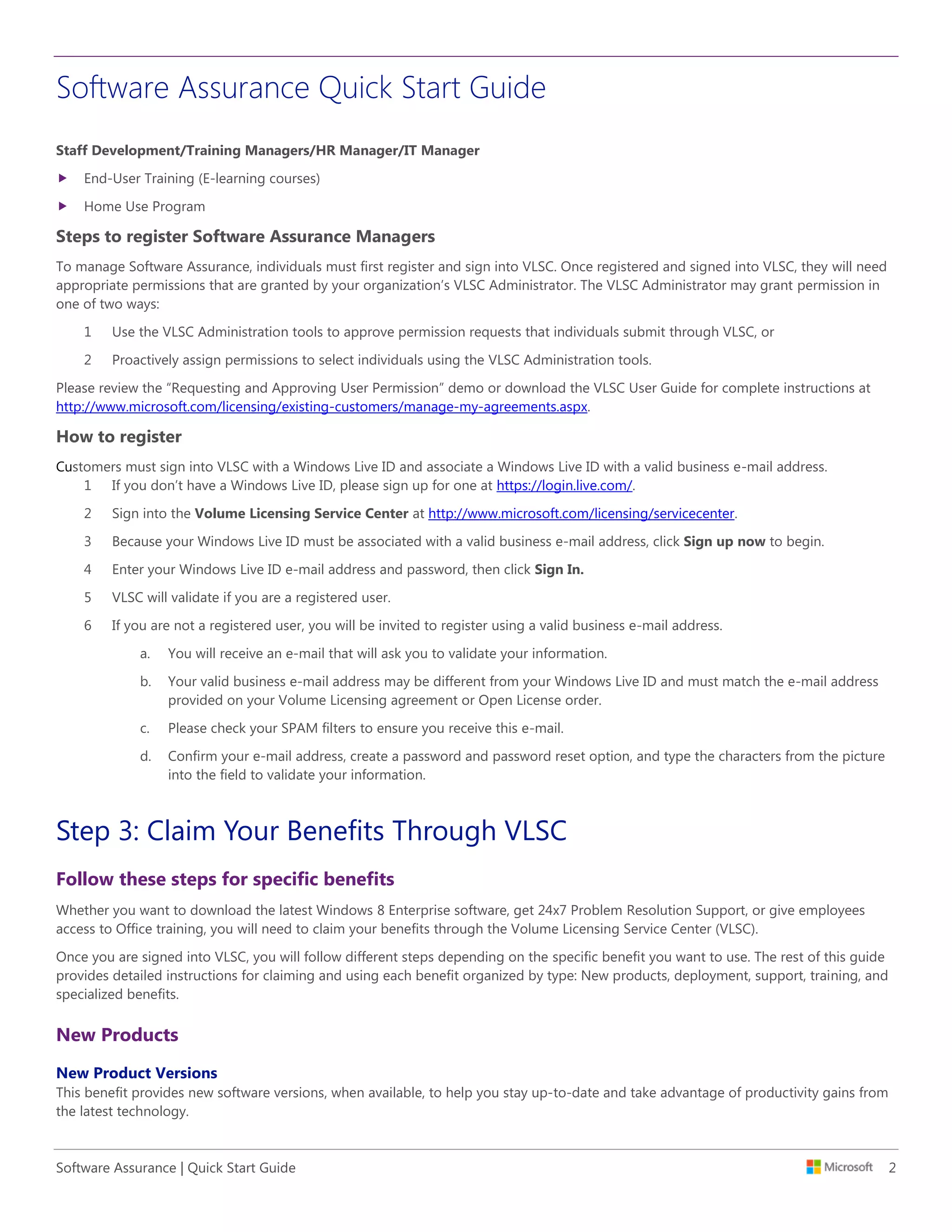 Microsoft Software Assurance Customer Quick Start Guide | PDF