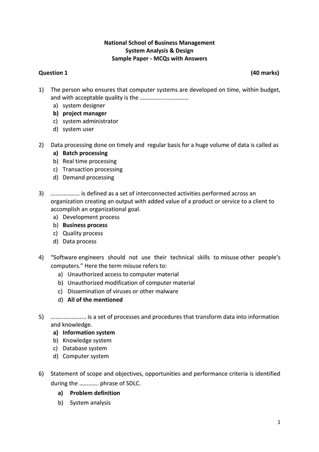 Sad sample paper - mcq answers | PDF