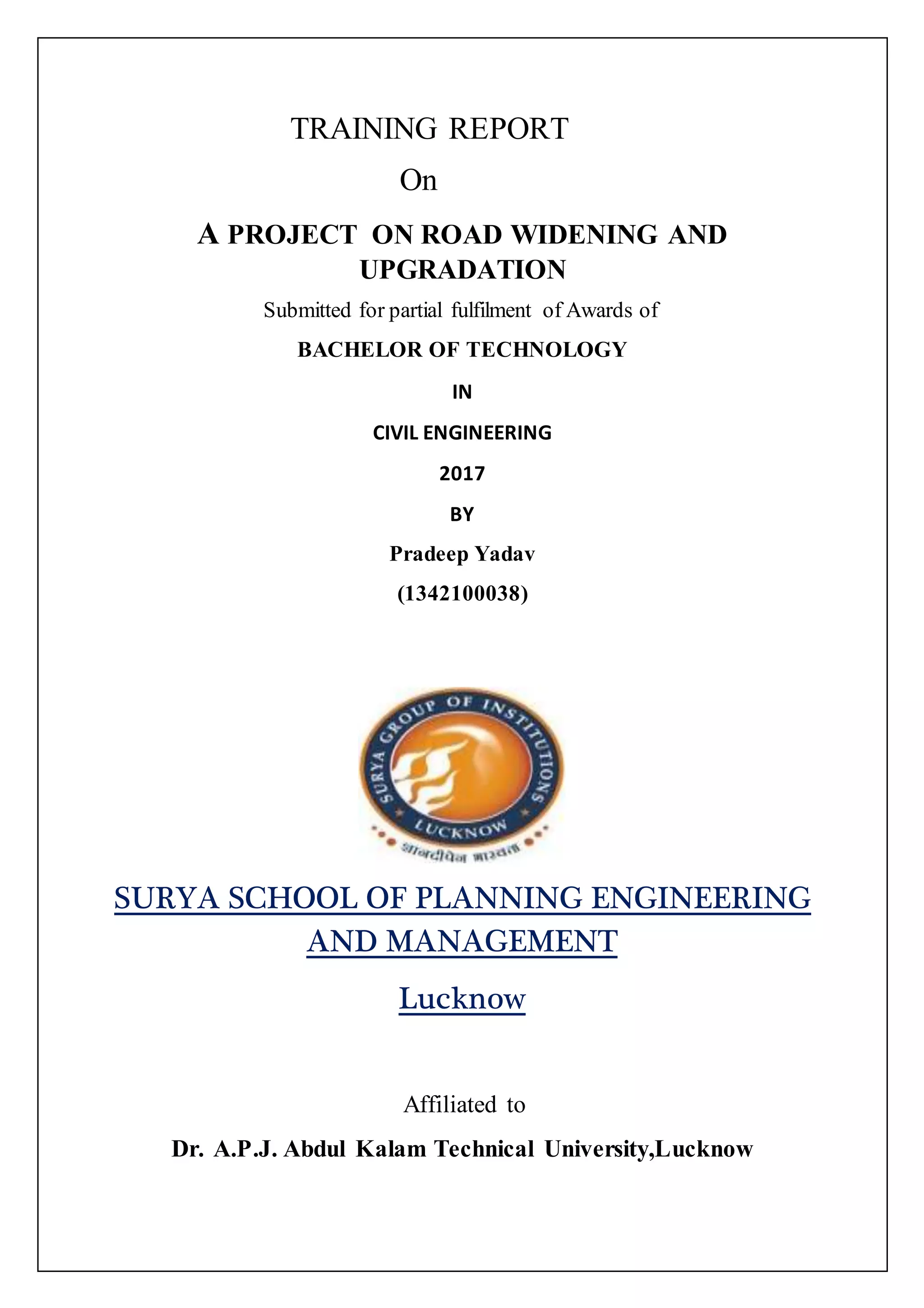 TRAINING REPORT A PROJECT ON ROAD WIDENING AND UPGRADATION | DOCX