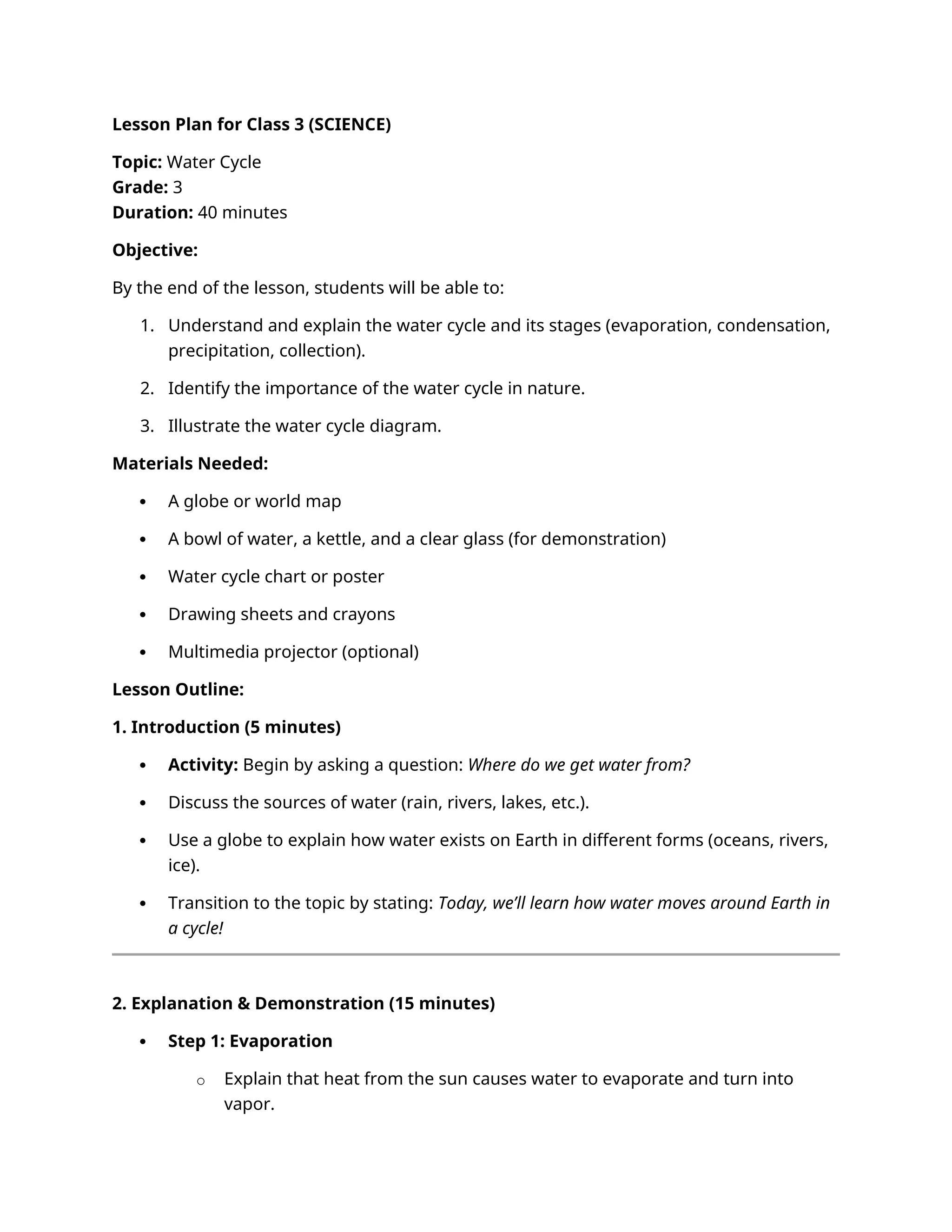 Water cycle lesson plan For class 3 having time frame of 45 minutes | DOCX