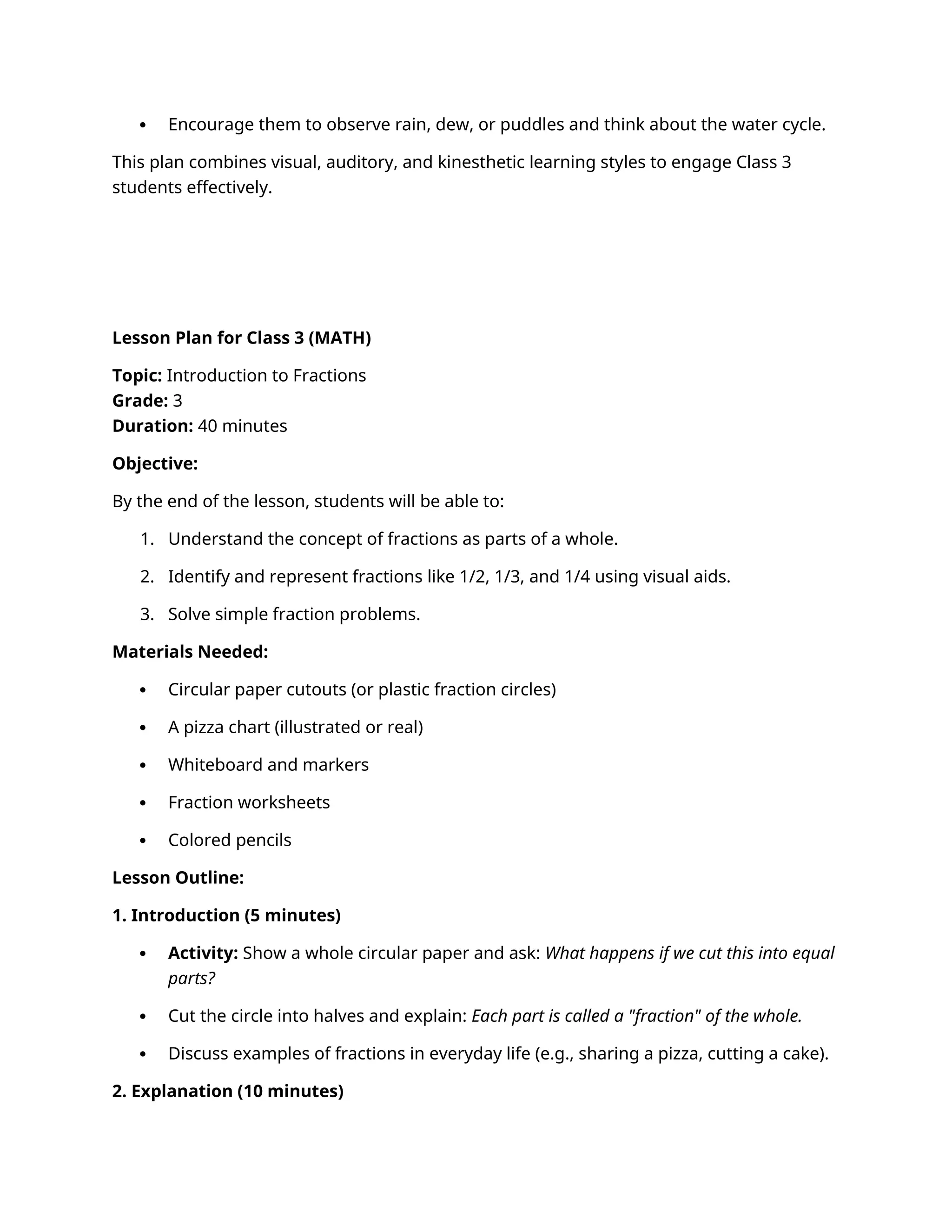 Water cycle lesson plan For class 3 having time frame of 45 minutes | DOCX