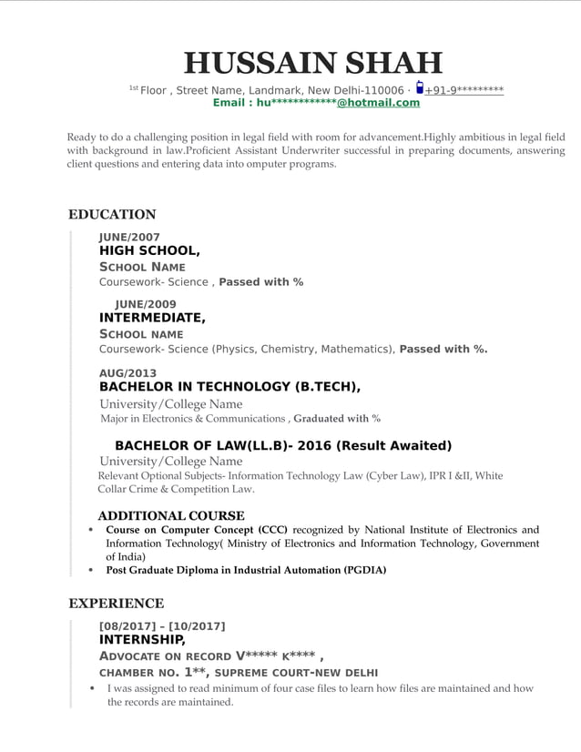 Sample CV For Fresh Law Graduate With Engineering Degree | PDF | Legal ...