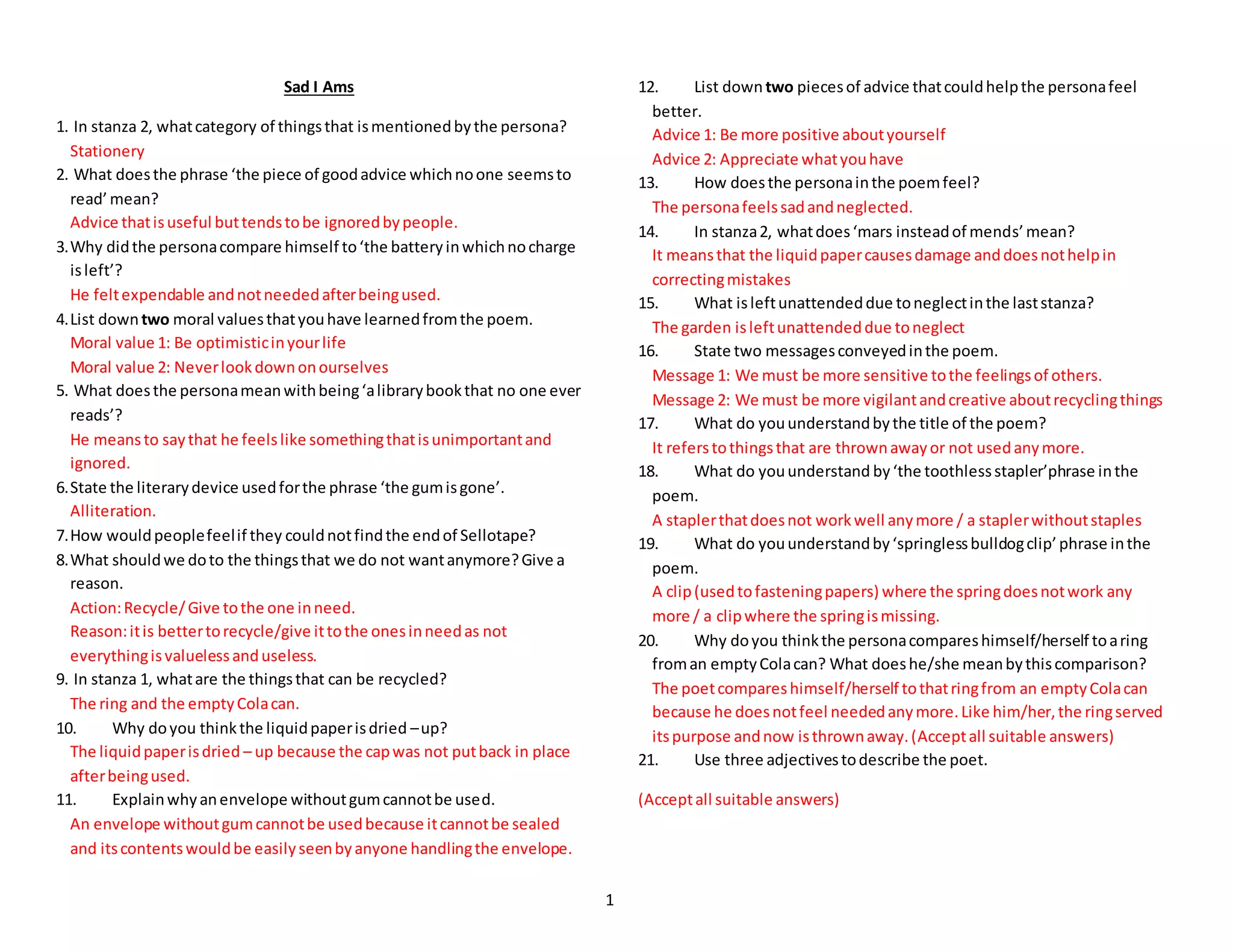 Sad I Ams - PT3 Exam Practice (Answer) | DOCX