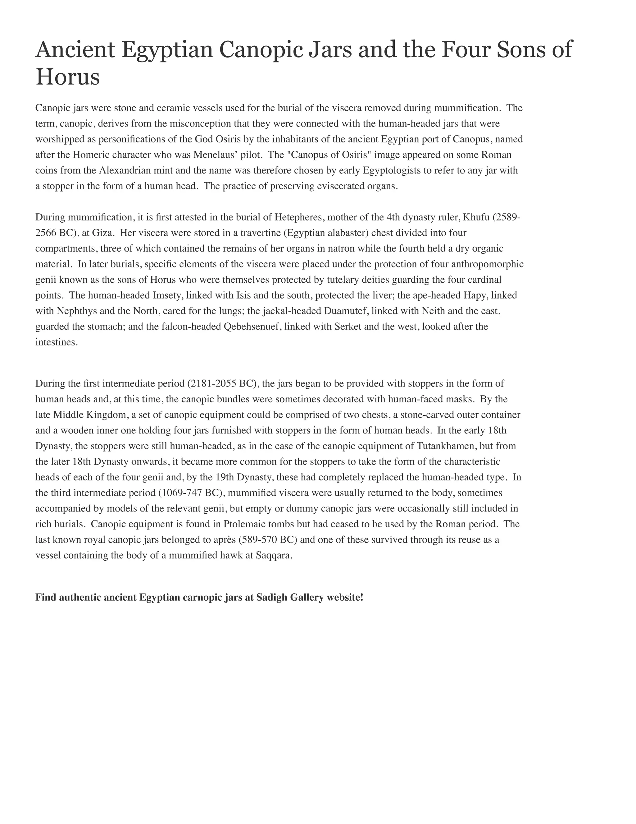 Ancient Egyptian Canopic Jars and the Four Sons of Horus | PDF