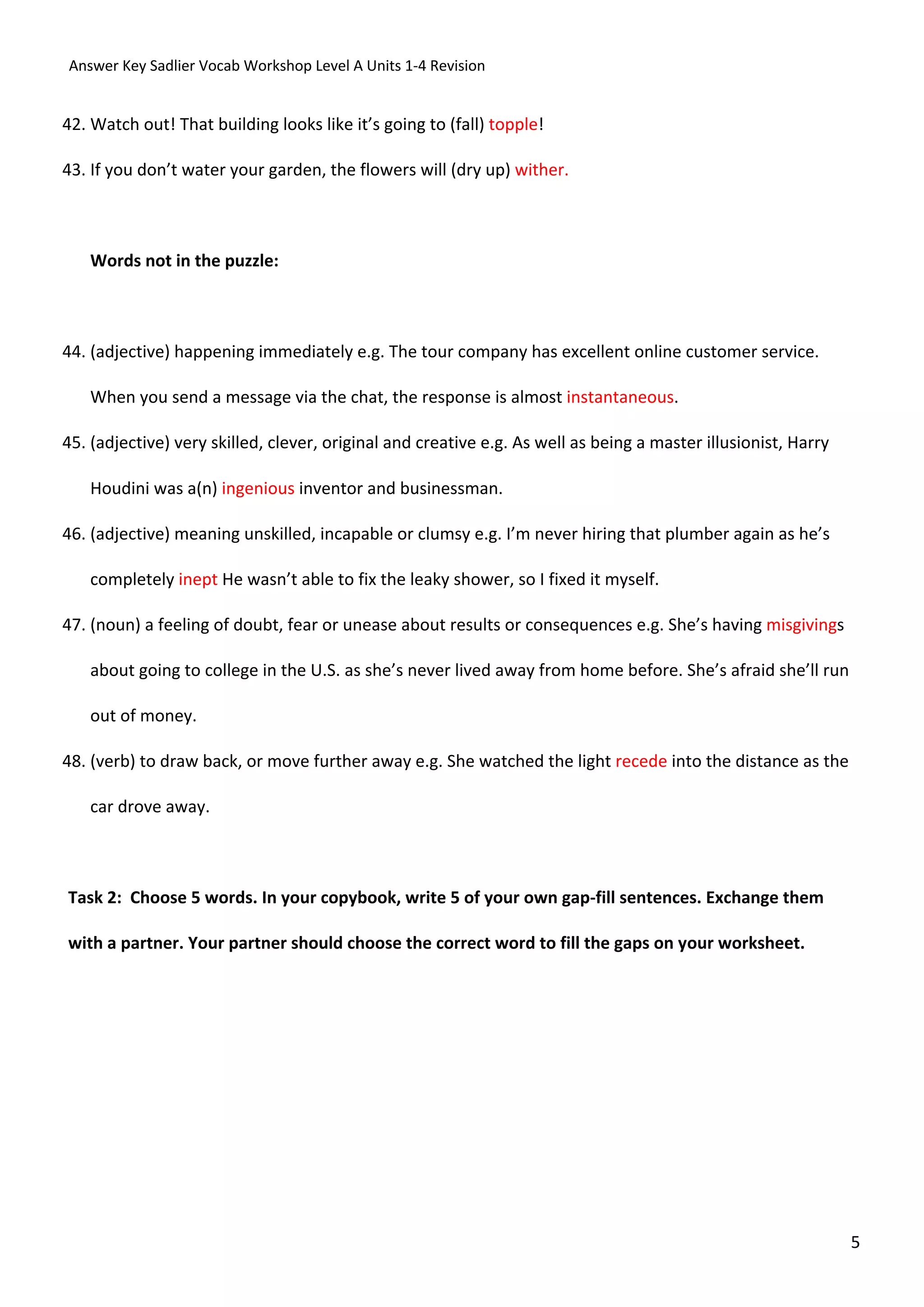Sadlier vocabulary workshop level a units 1 4 revision worksheet and a ...
