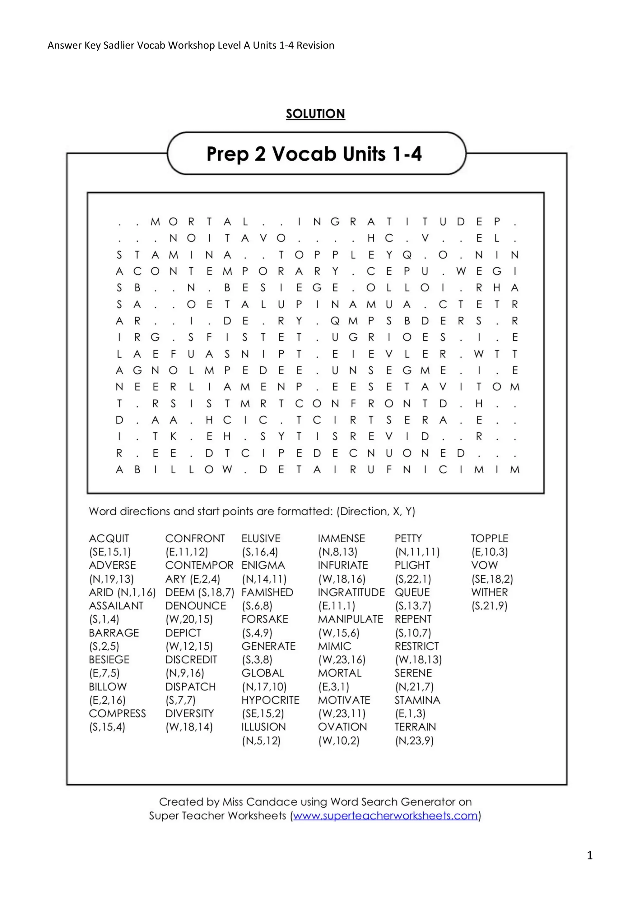 Sadlier vocabulary workshop level a units 1 4 revision worksheet and a ...