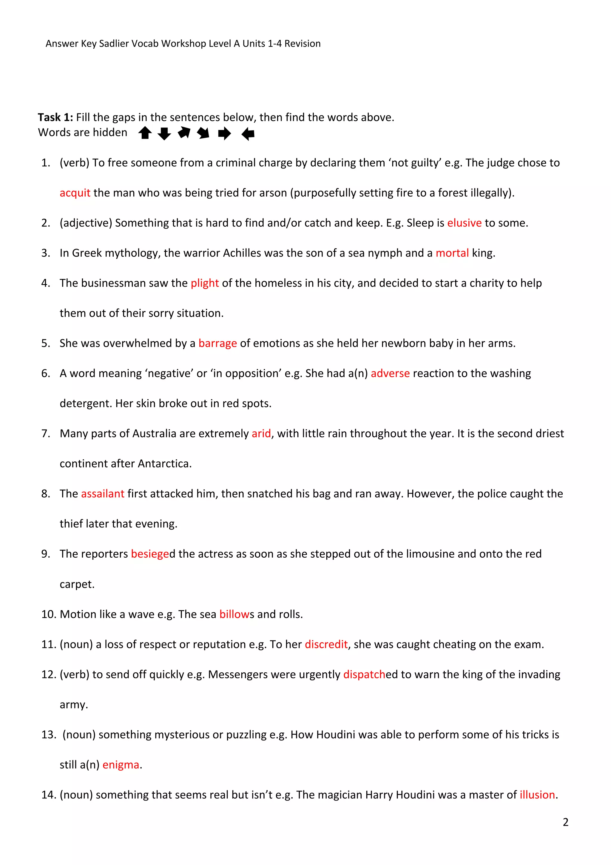 Sadlier vocabulary workshop level a units 1 4 revision worksheet and a ...