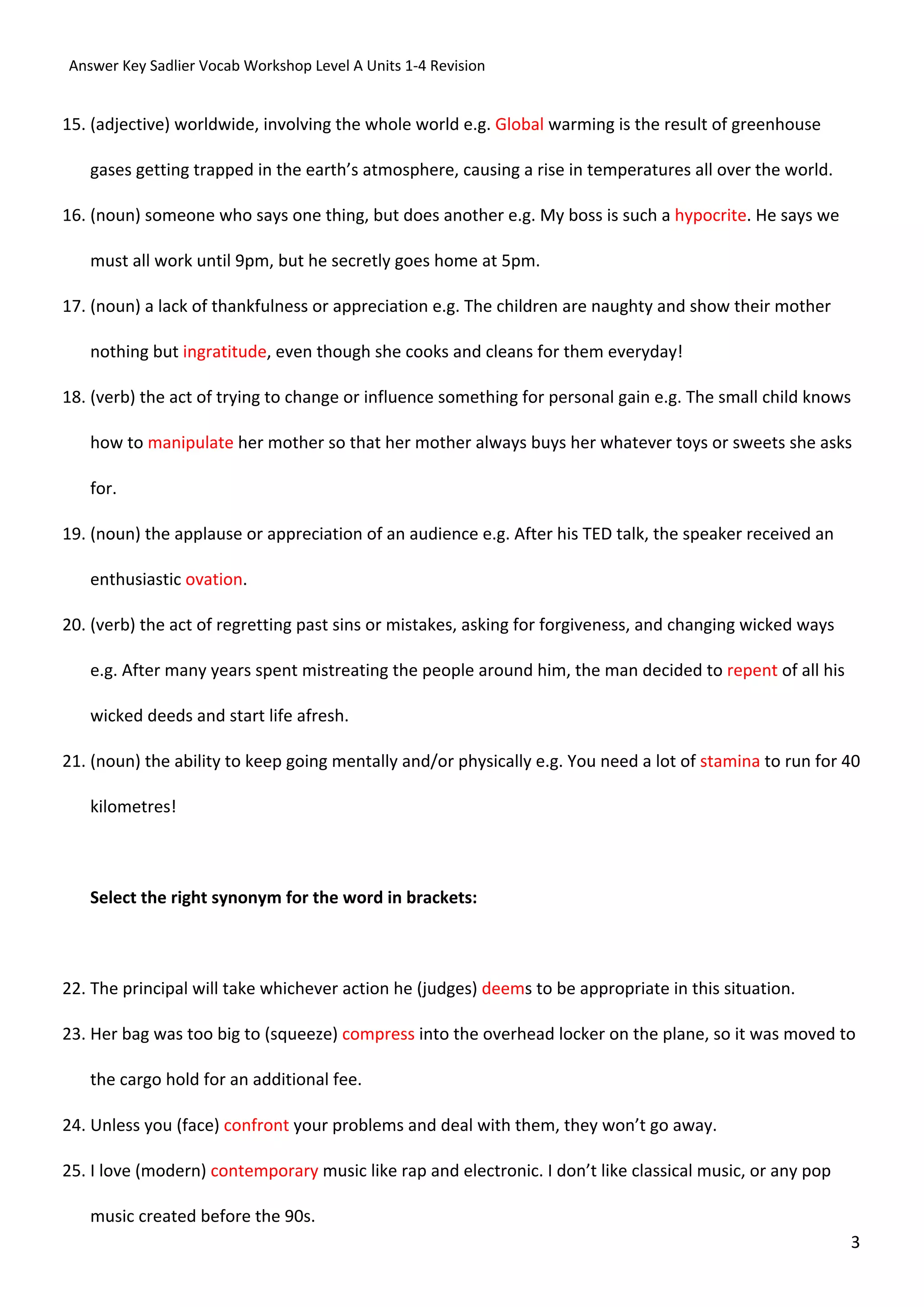 Sadlier vocabulary workshop level a units 1 4 revision worksheet and a ...