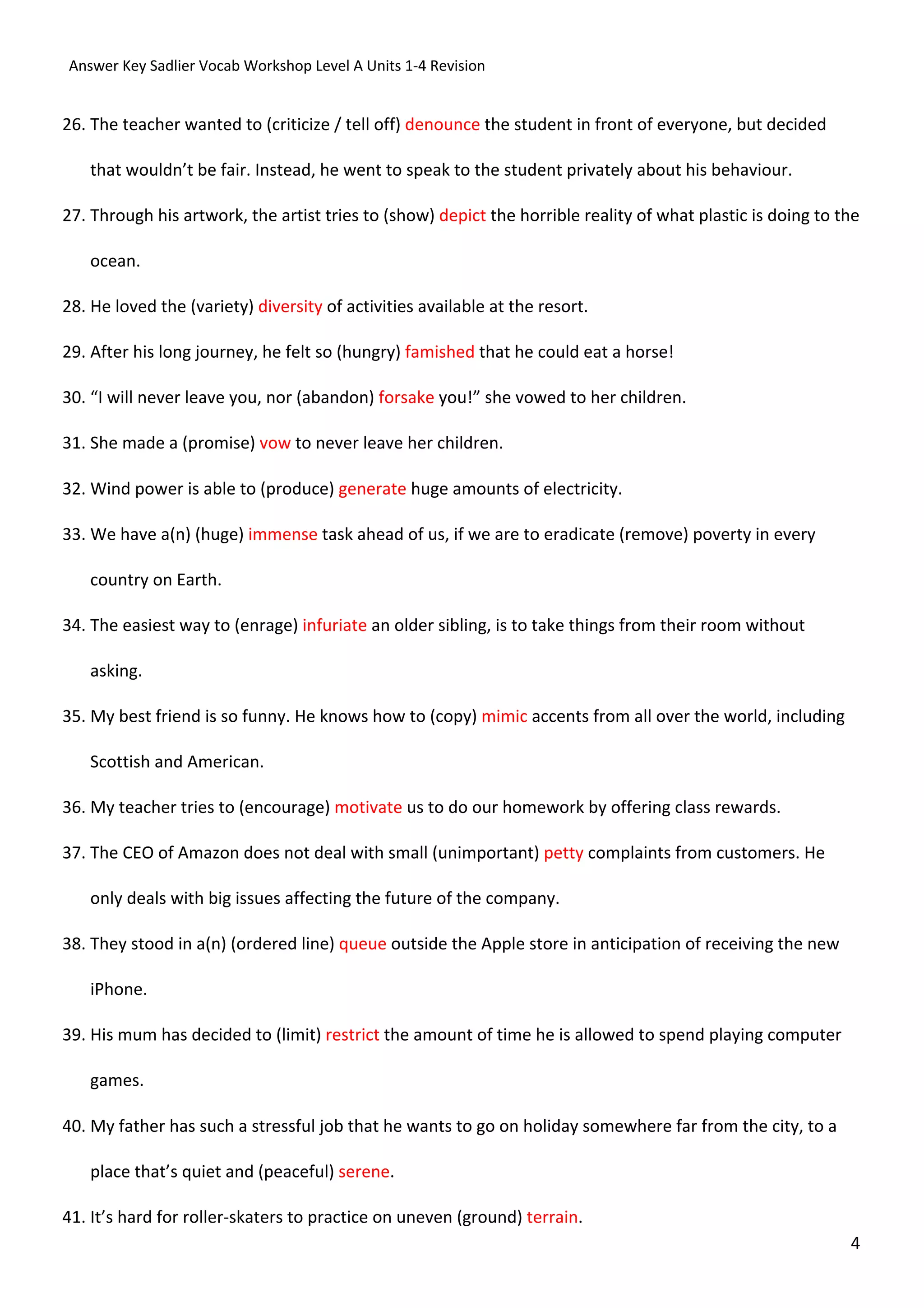 Sadlier vocabulary workshop level a units 1 4 revision worksheet and a ...