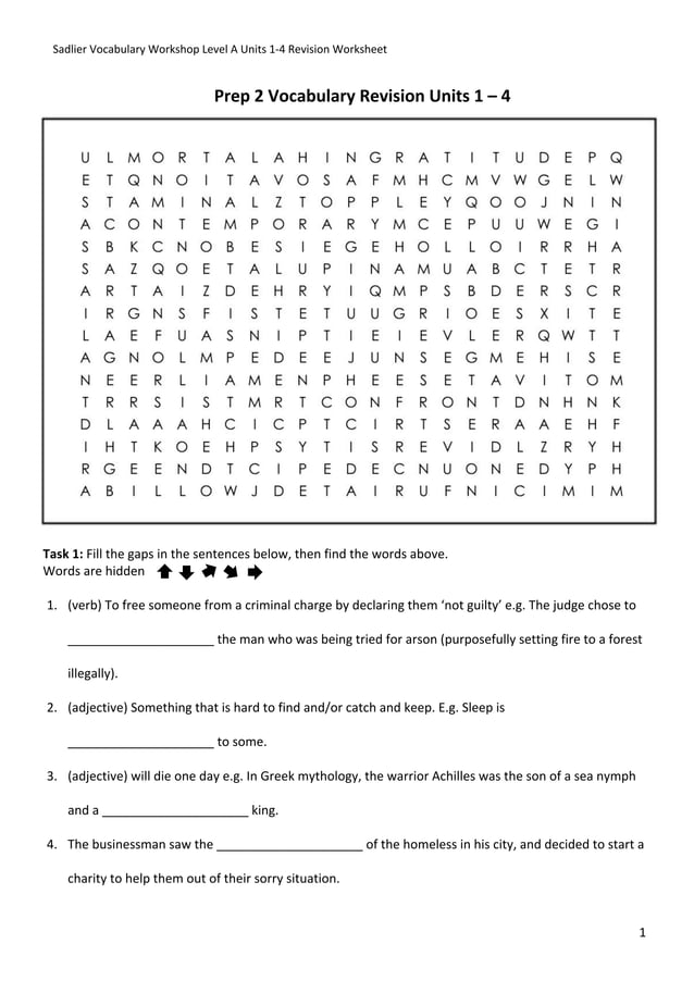 Sadlier vocabulary workshop level a units 1 4 revision worksheet and a ...