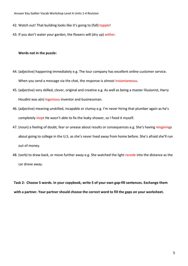 Sadlier vocabulary workshop level a units 1 4 revision worksheet and a ...