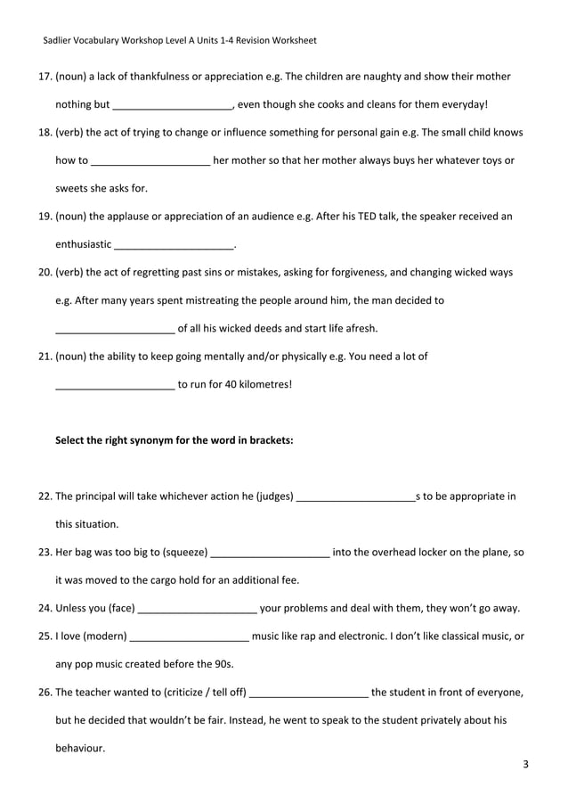 Sadlier vocabulary workshop level a units 1 4 revision worksheet and a ...