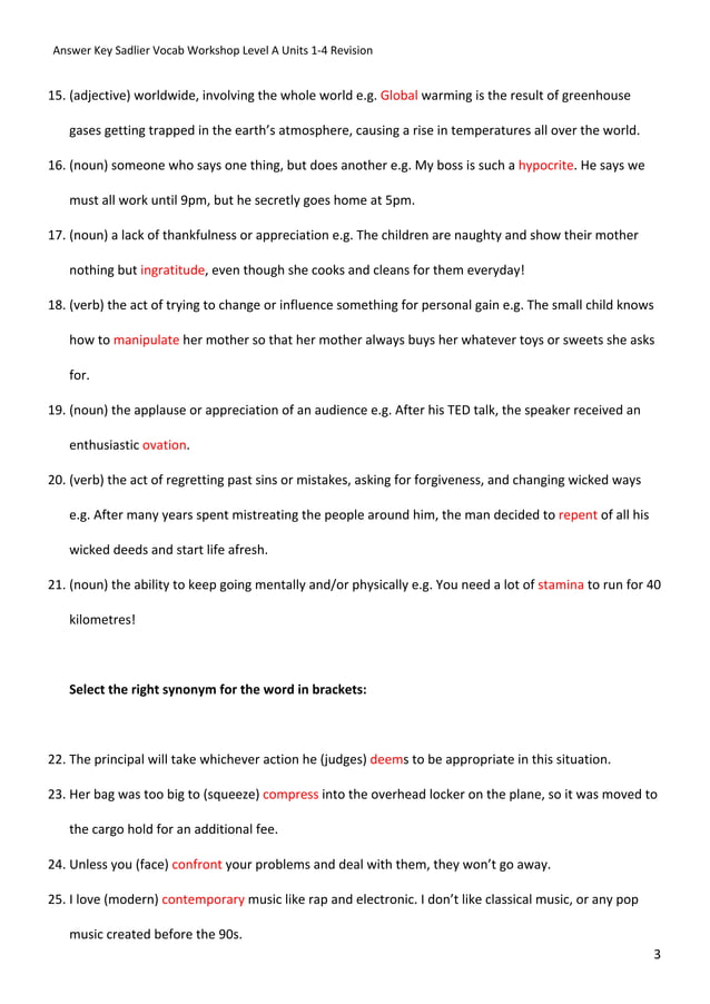 Sadlier vocabulary workshop level a units 1 4 revision worksheet and a ...