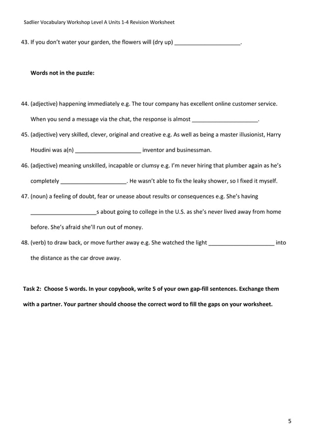 Sadlier Vocabulary Workshop Level A Units 1 4 Revision Worksheet And A Sadlier Vocabulary Workshop Level A Units 1 4 Revision Worksheet And A