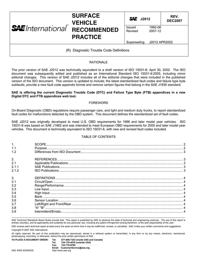 SAE DTC Definitions - J2012 Revised DEC2007 | PDF