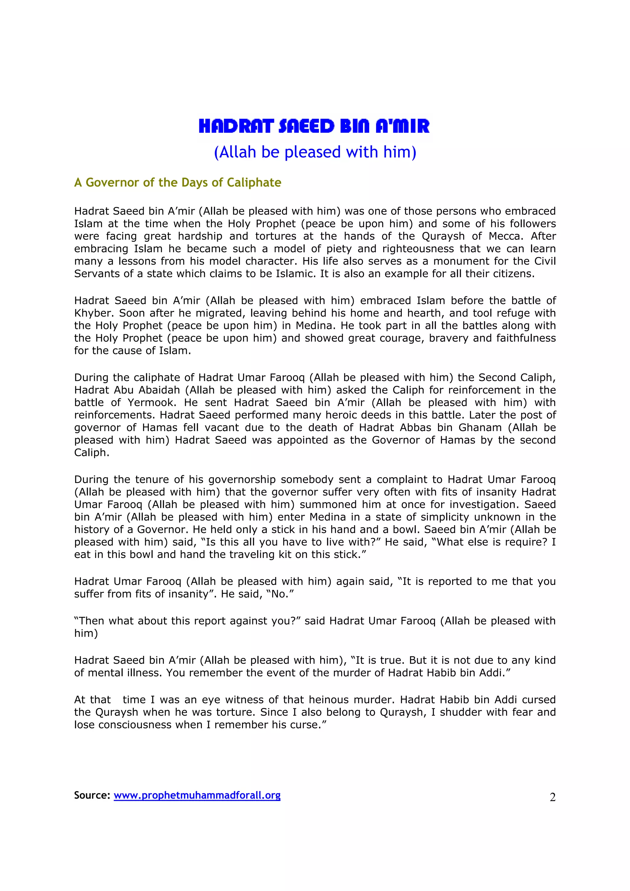 Saeed bin Amir (ra) | PDF