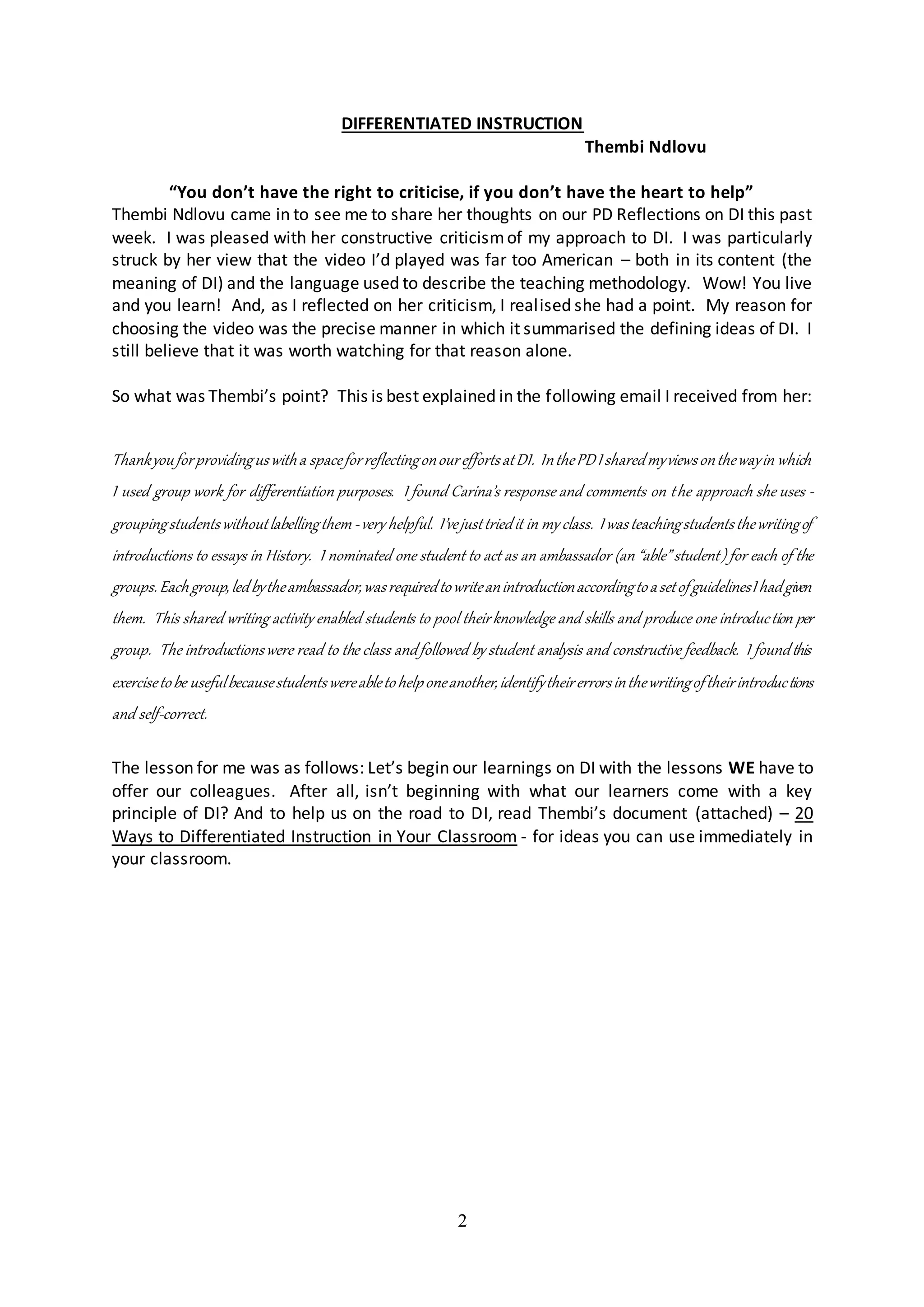 Differentiated Instruction conversation at Inanda Seminary- SAESC meeting Nov2014 | DOCX