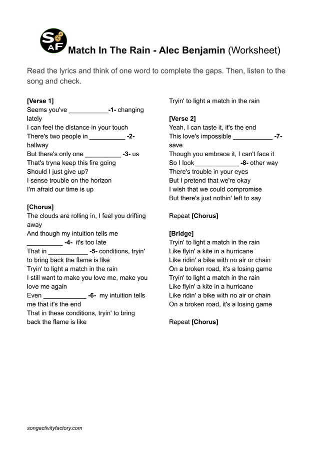 Worksheet Reading & Use of English P2 [B2] Song Lyrics (Alec Benjamin ...