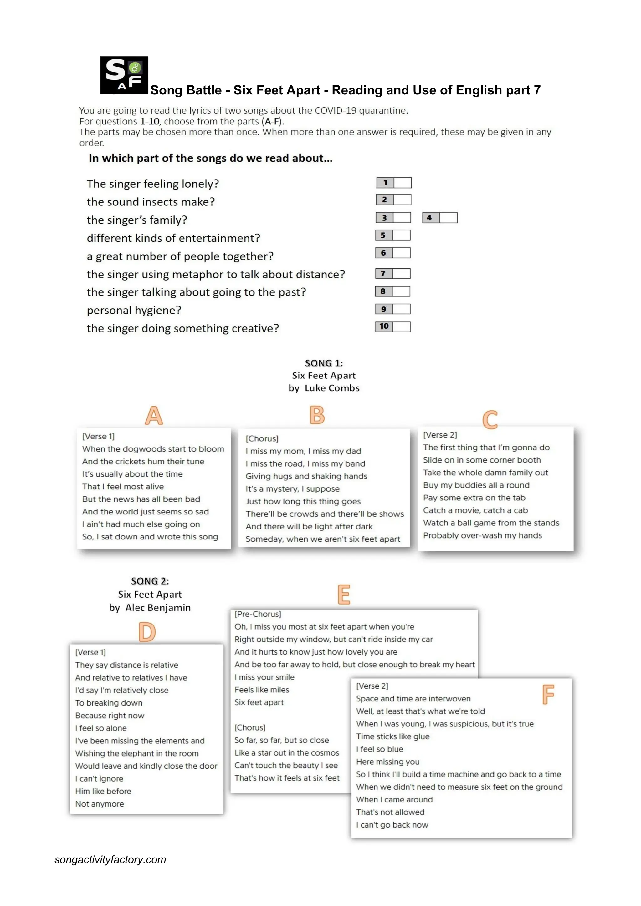 Worksheet Reading & Use of English P7 [B2] Song Lyrics (Six Feet Apart) | PDF | Musicals | Genres