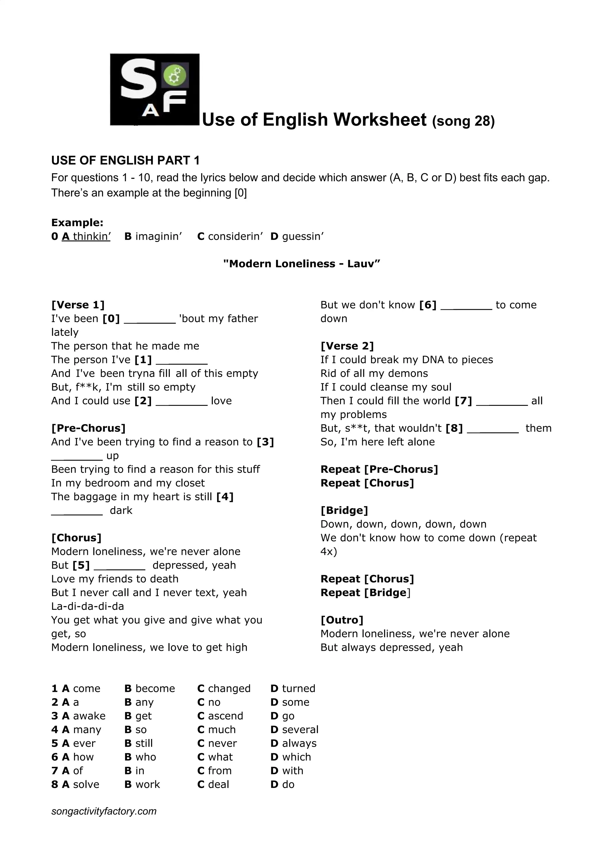 Worksheet Reading & Use of English P1 [B2] Song Lyrics (Lauv) | PDF