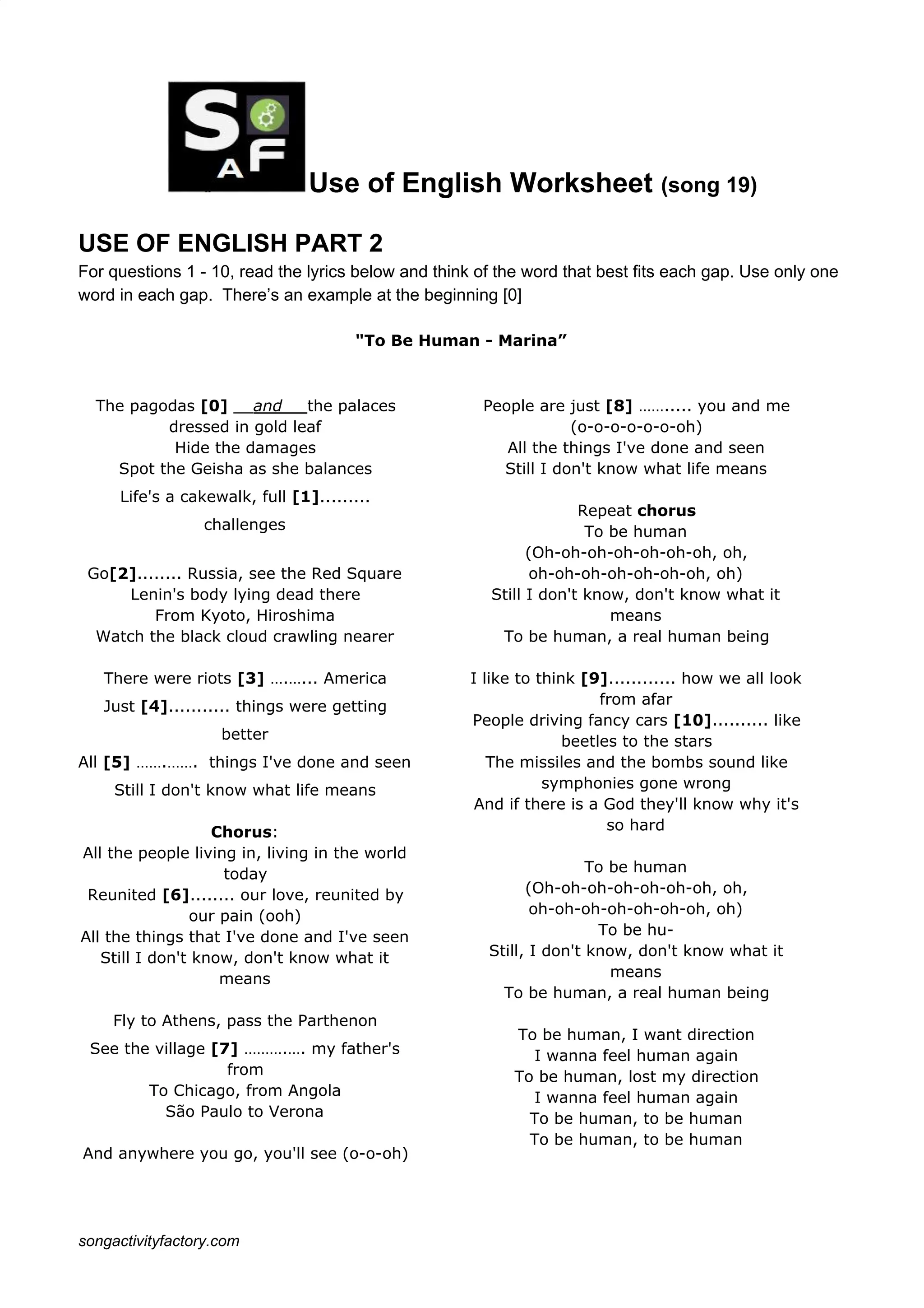Worksheet Reading & Use of English P2 [B2] Song Lyrics (Marina) | PDF