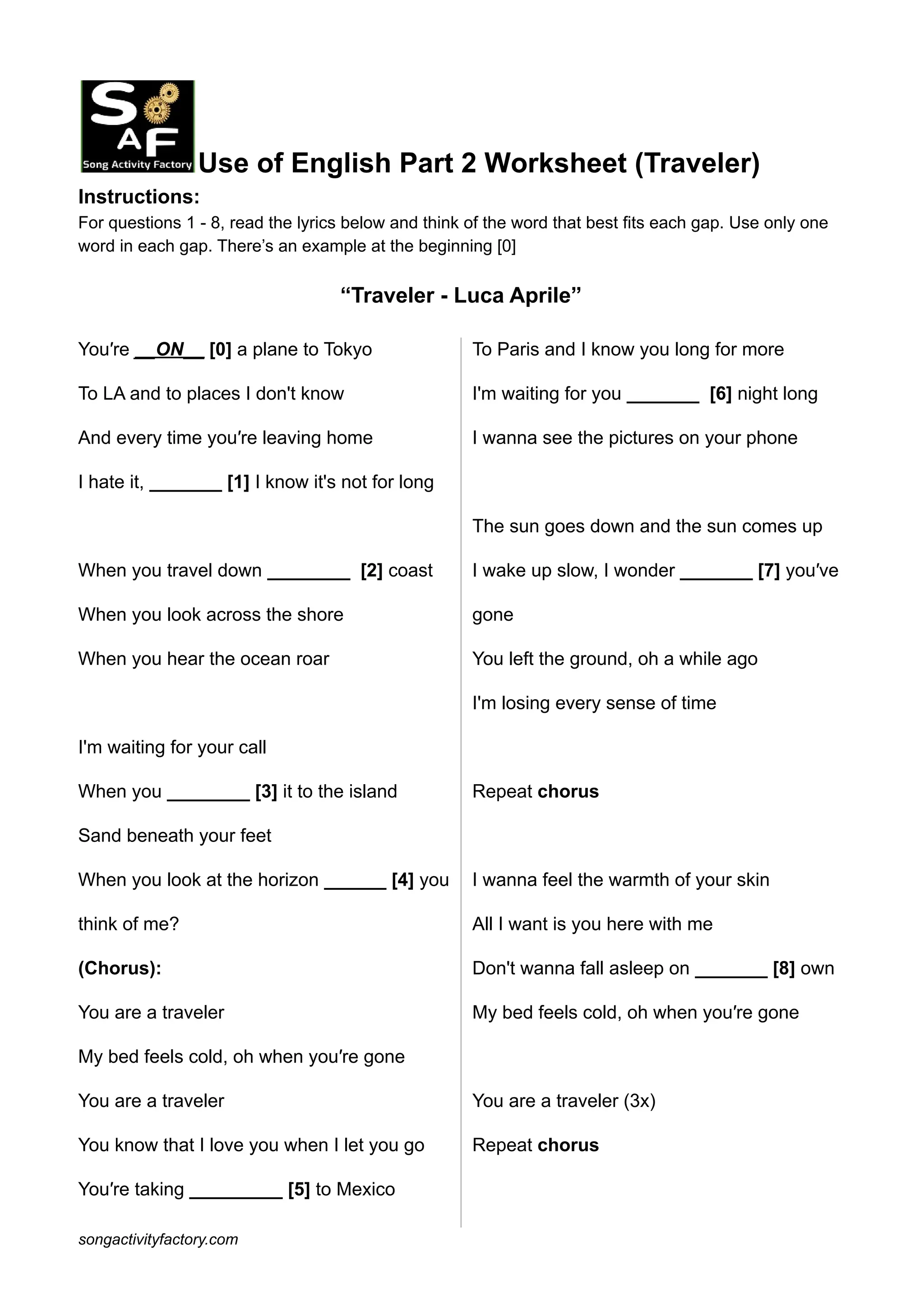 Worksheet Reading & Use of English P2 [B2] Song Lyrics (traveler) | PDF