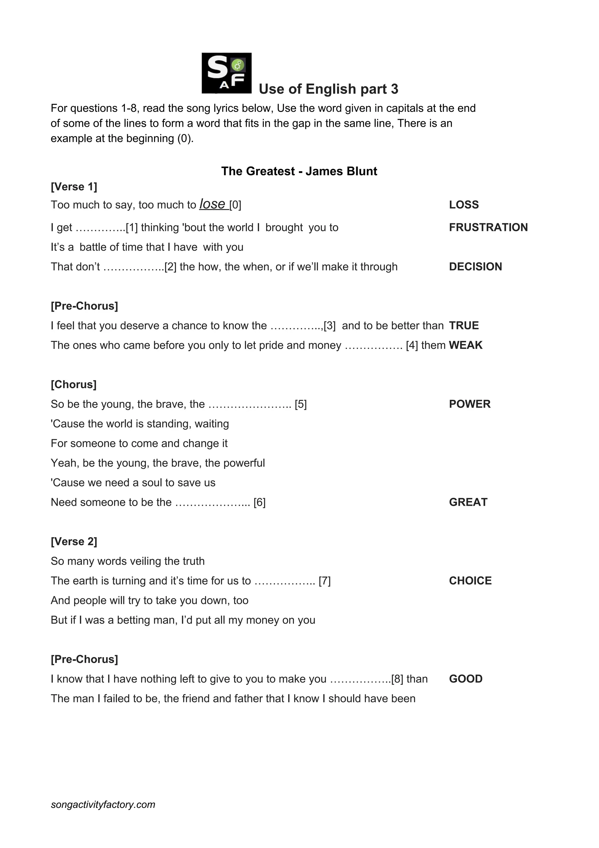 Worksheet Reading & Use of English P3 [B2] Song Lyrics (James Blunt) | PDF