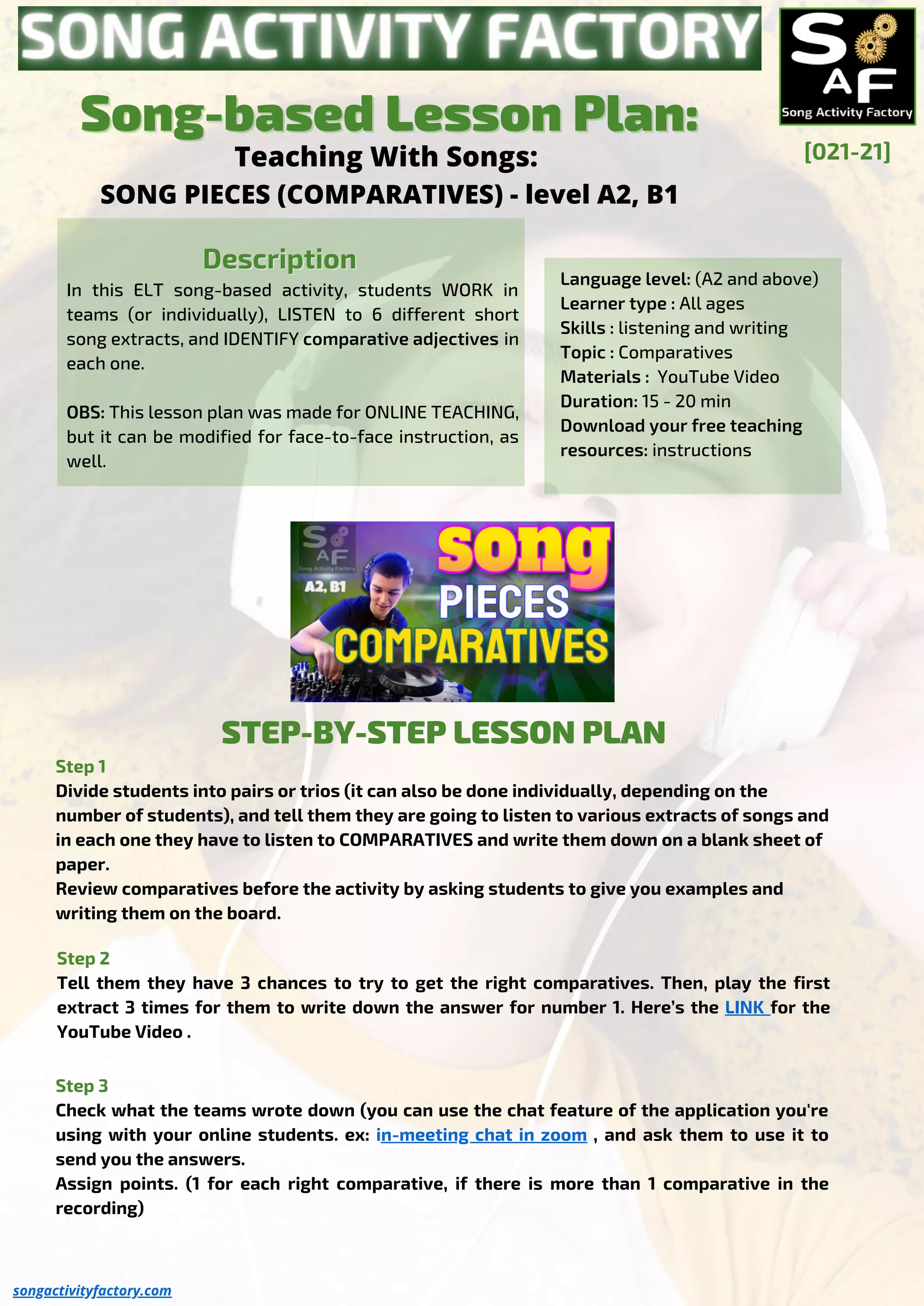 Comparatives in SONG PIECES! [Teaching With Songs A2/B1] | PDF