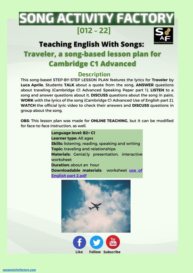 TRAVELER: A SONG-BASED LESSON PLAN FOR CAMBRIDGE C1 ADVANCED [TEACHING ...