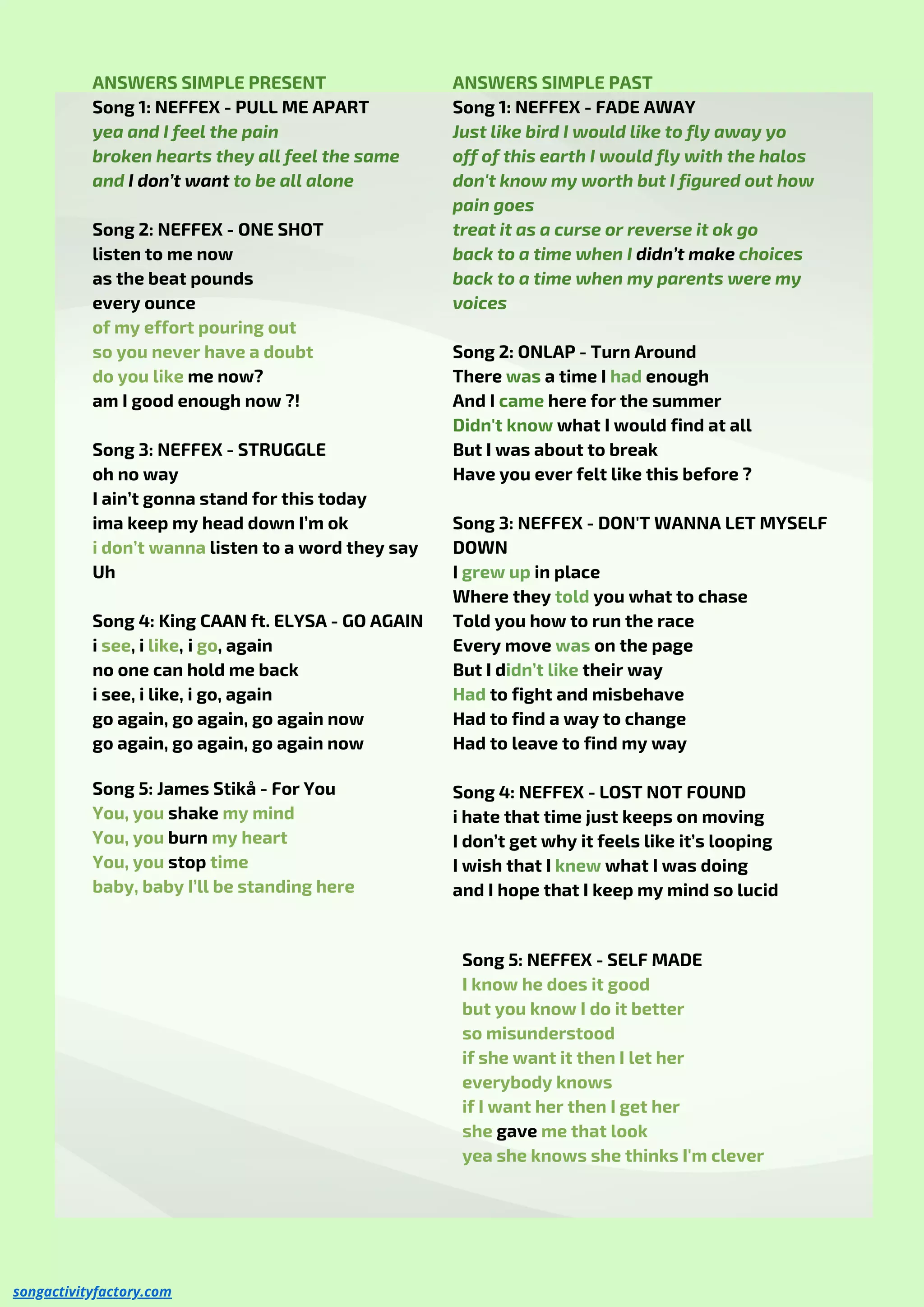 REVIEWING VERB TENSES WITH SONGS: SONG PIECES! (TEACHING WITH SONGS) | PDF